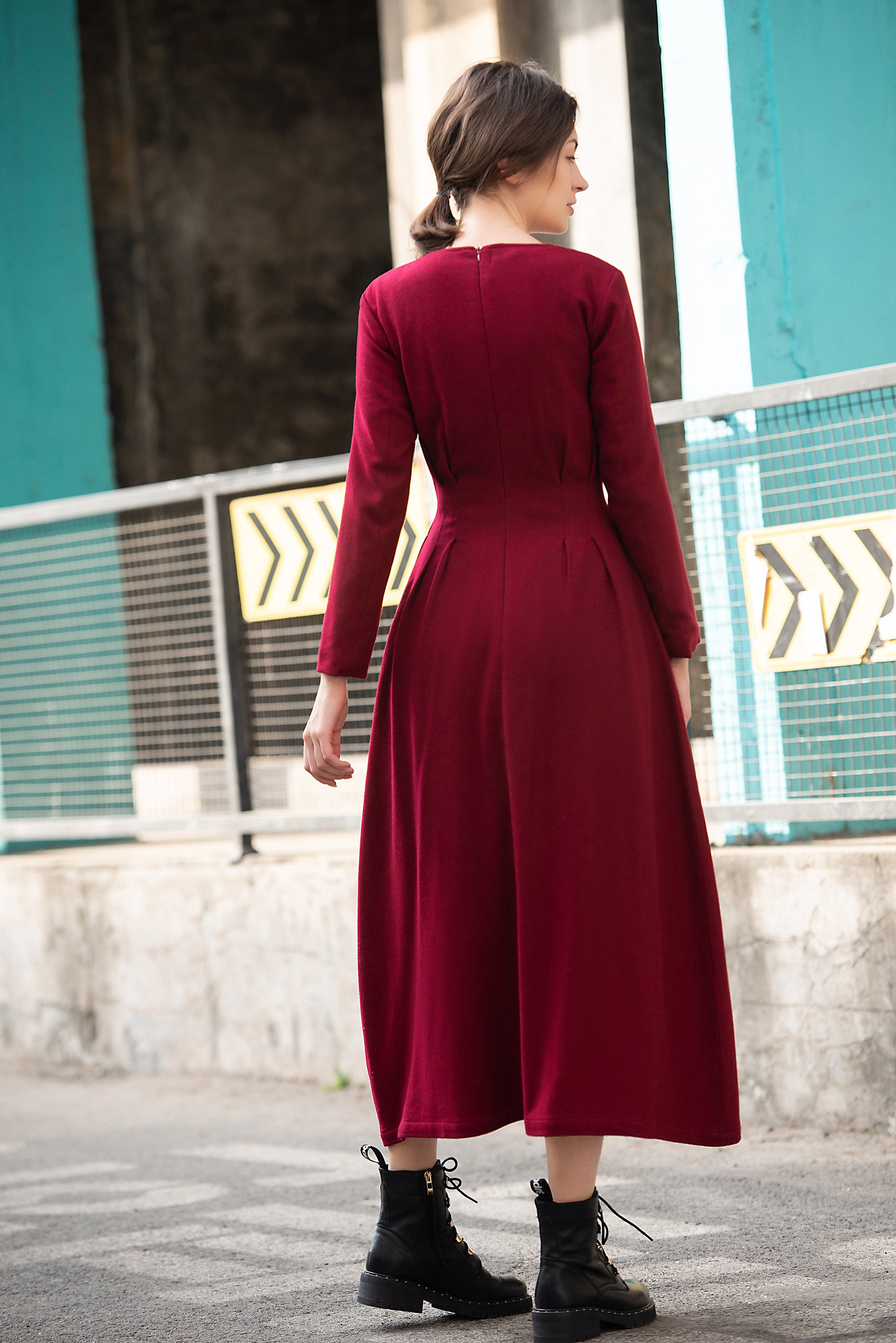 Women Wool Dress Long Sleeves Maxi Dress Fall Winter Retro Fit | Etsy
