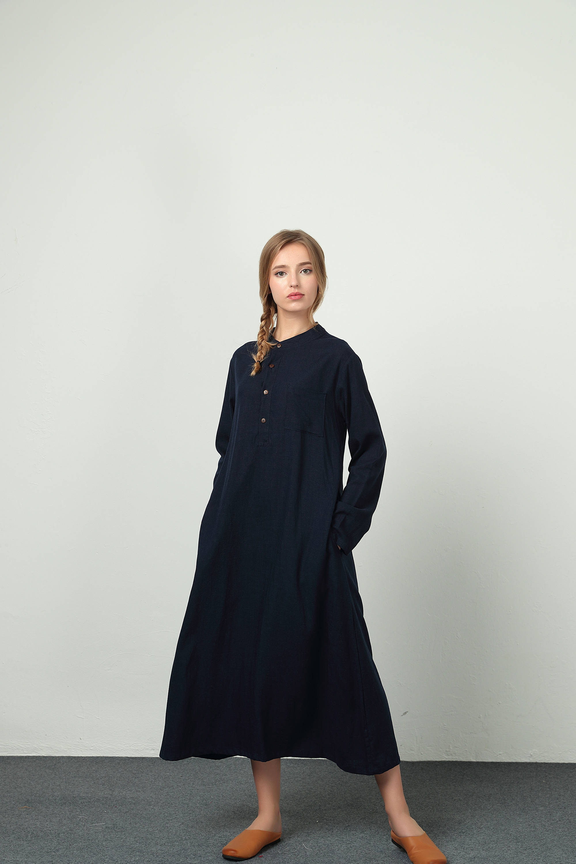 Women's Maxi Dress Linen Cotton Long Sleeve Dress With | Etsy