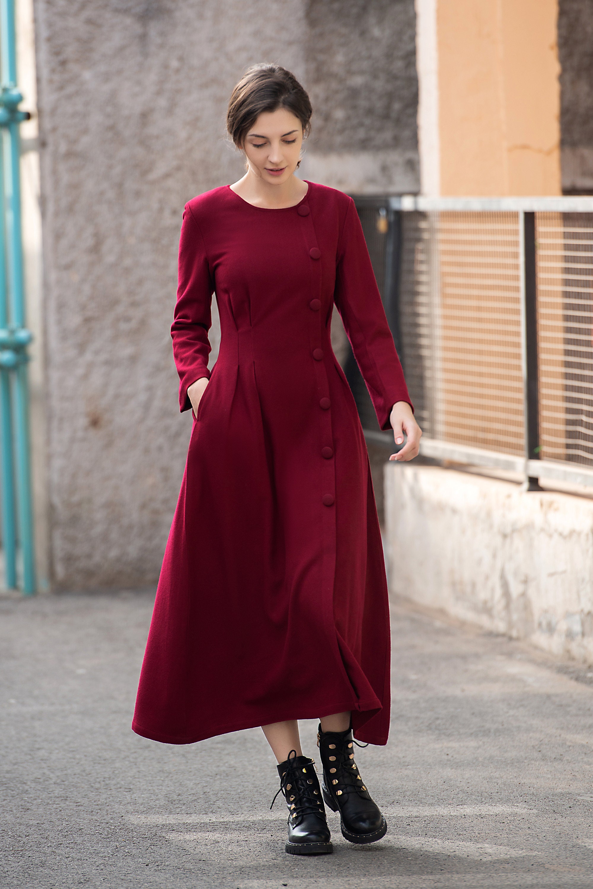 Women Wool Dress Long Sleeves Maxi Dress Fall Winter Retro Fit | Etsy
