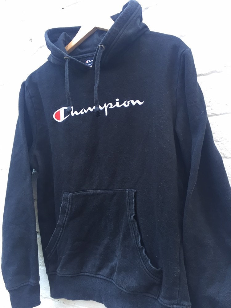 Vintage 90s Champion Black Embroidered Spell Out Hoodie Size Small ...