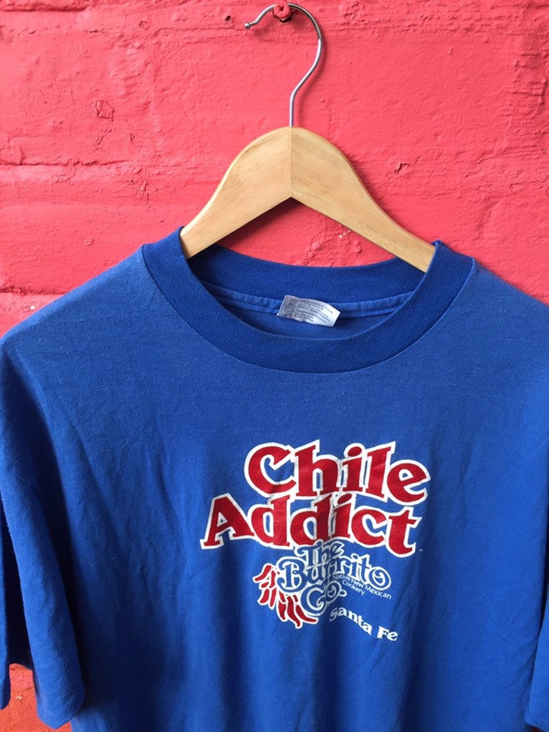 Vintage 90s Chilli Addict the Burrito Go Santa Fe USA Souvenir Mid Blue ...