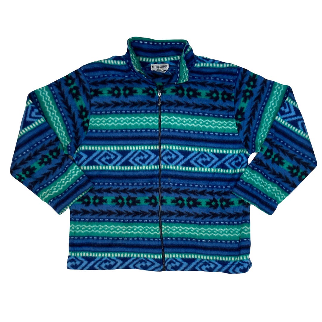 Vintage 90s Blue Green Aztec Abstract Pattern Crazy Print Zip Fleece ...