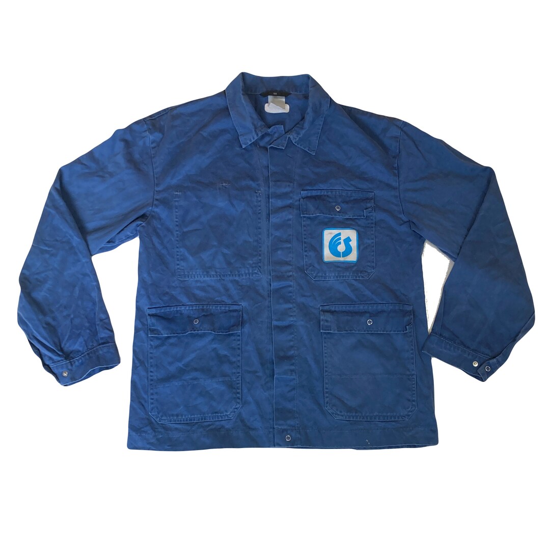 Vintage 80s Blue Cotton Drill Sanforized Button up Chore Factory ...