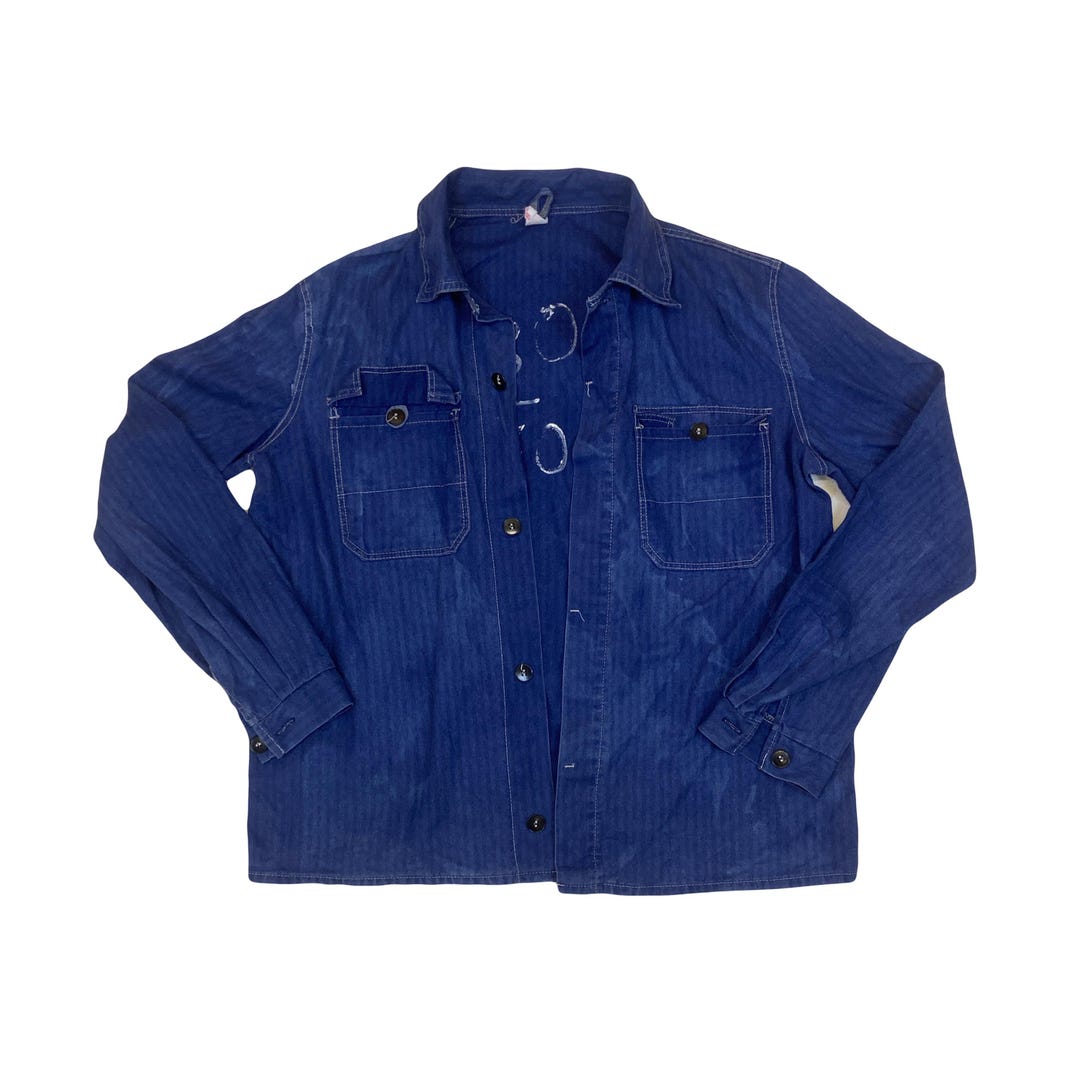 Vintage 70s Mens French Worker Prisoner Chore Blue Distressed Cotton ...