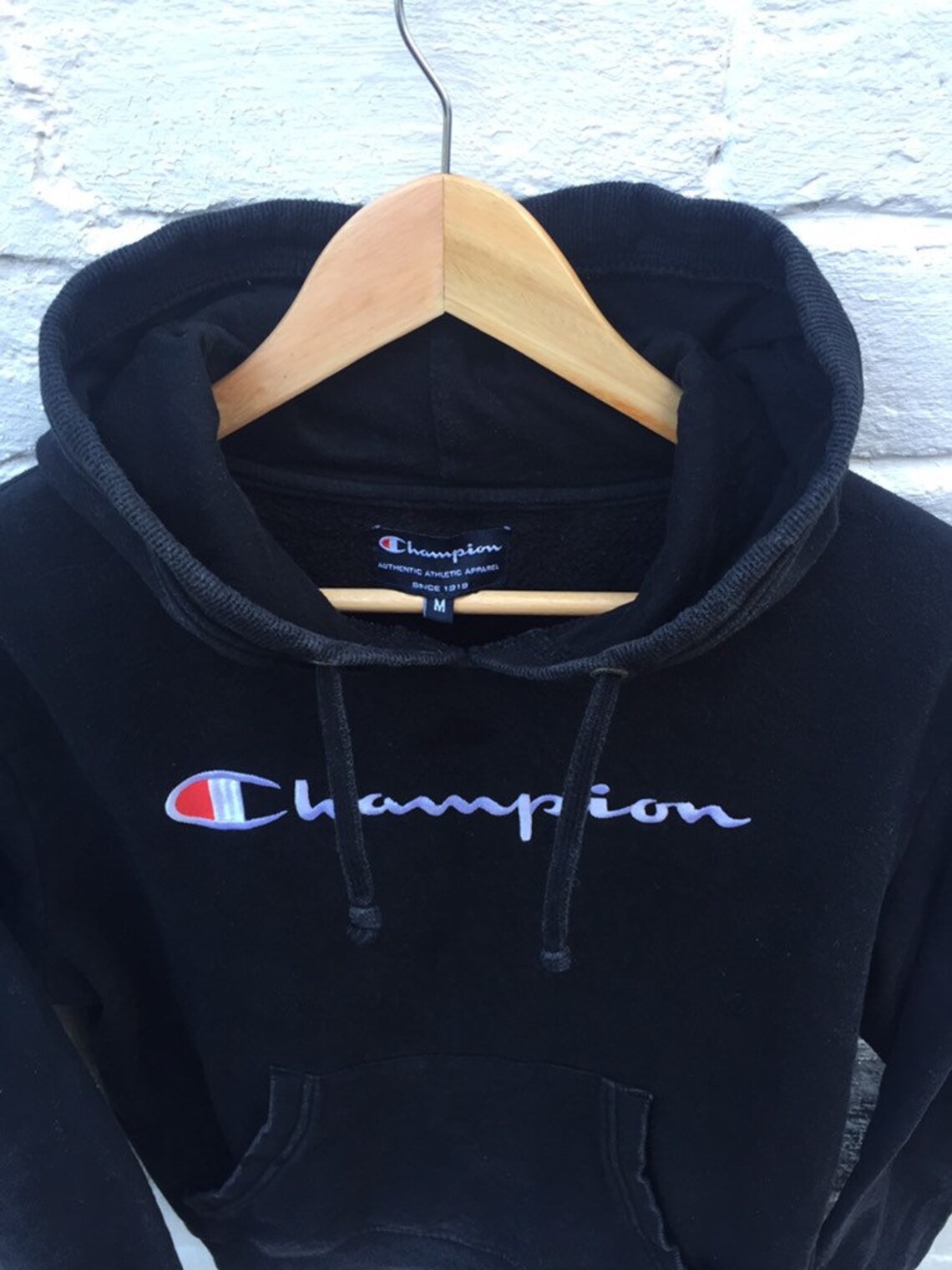 Vintage 90s Champion Black Embroidered Spell Out Hoodie Size Small ...