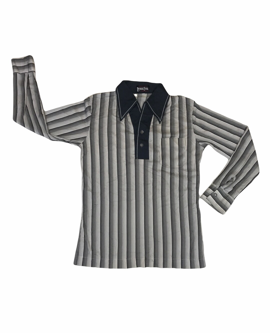 Vintage 70s White Black Faded Stripe Pattern Pointed Collar Retro ...