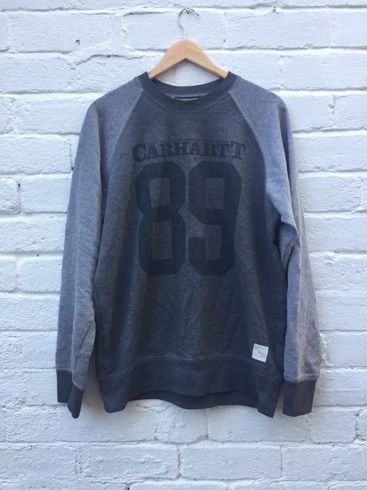 Vintage 90s Carharrt Grey 89’ Baseball Style Sweater Sweatshirt Crew ...