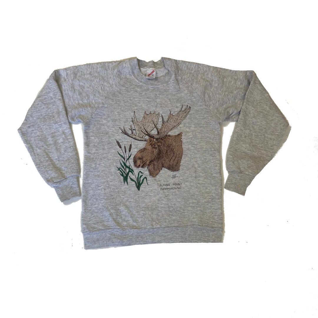 Vintage 80s Flying Point Campground USA Moose Animal Graphic Light Grey ...