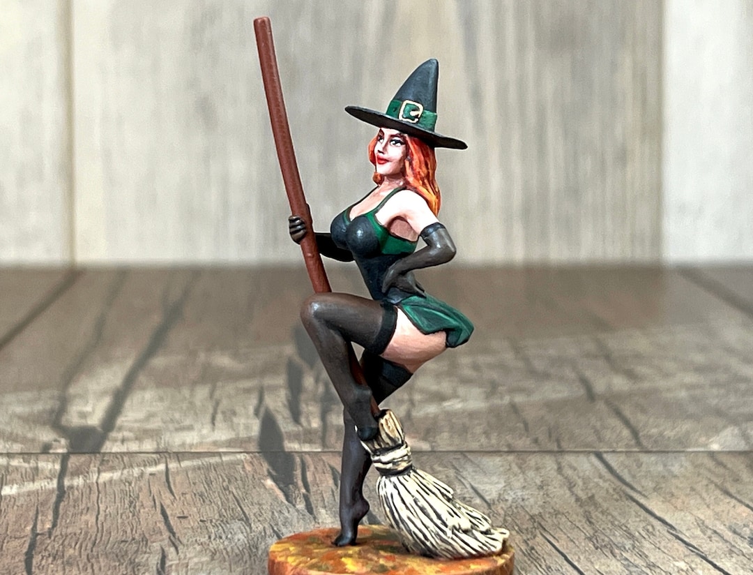 Hand-painted Witch on Broom 60mm2.36ins Halloween Decor. Witch Figurine. Bewitching Statue ...