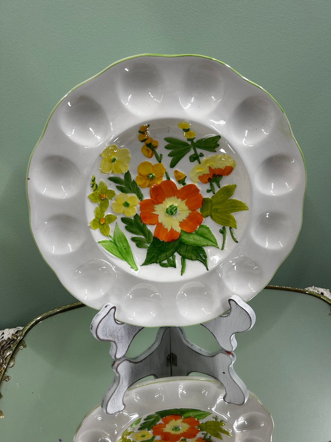 Lefton Deviled Egg Plate Retro Decor Ceramic Orange/yellow Floral VTG ...