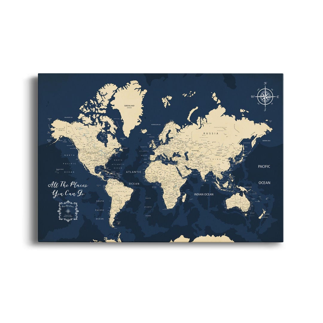 Push Pin World Map Blue/gold | Personalized Canvas Print | Multiple ...