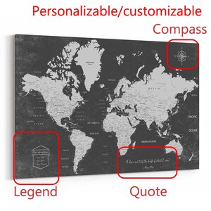 Dark Gray Push Pin World Map Personalized World Map Dark Gray Push Pin ...