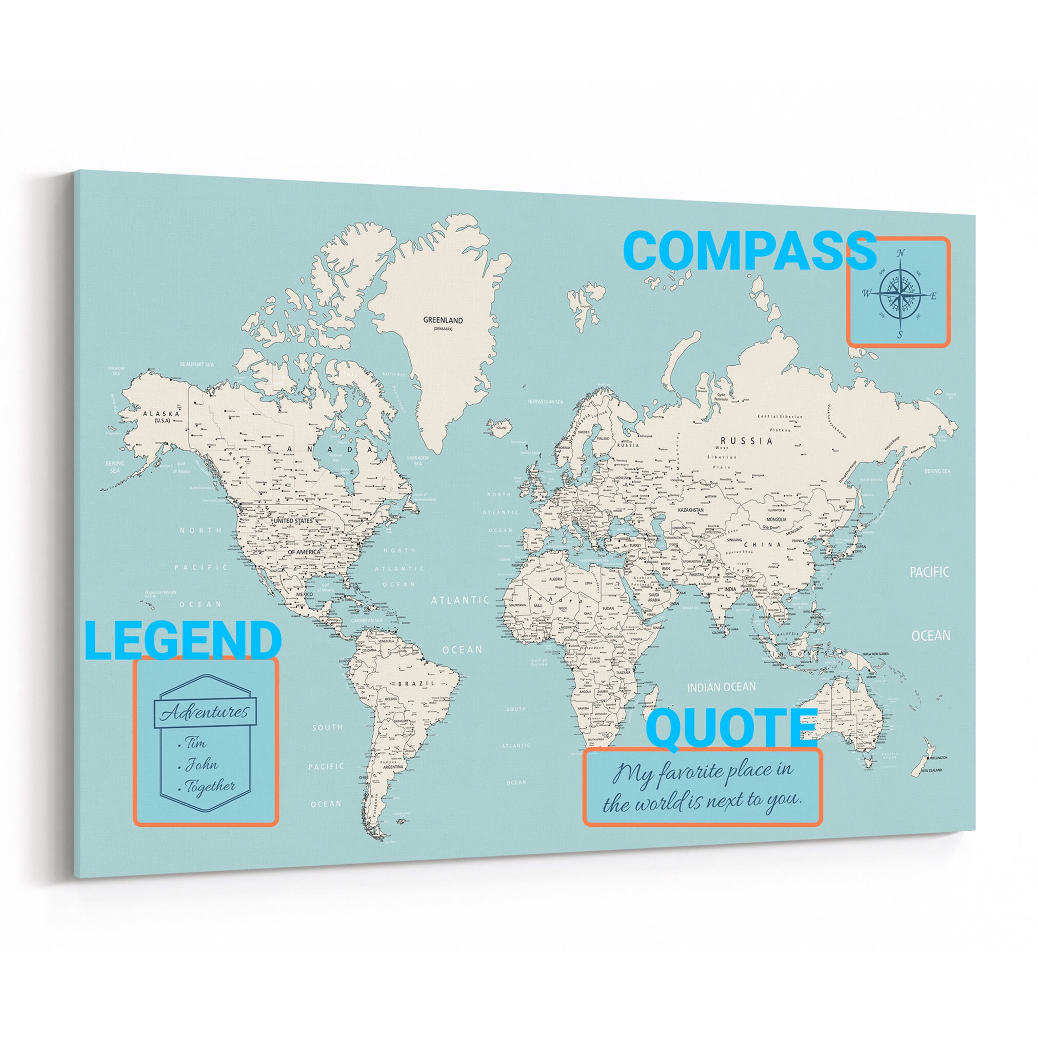 Light Blue Push Pin World Map Personalized World Map Light - Etsy