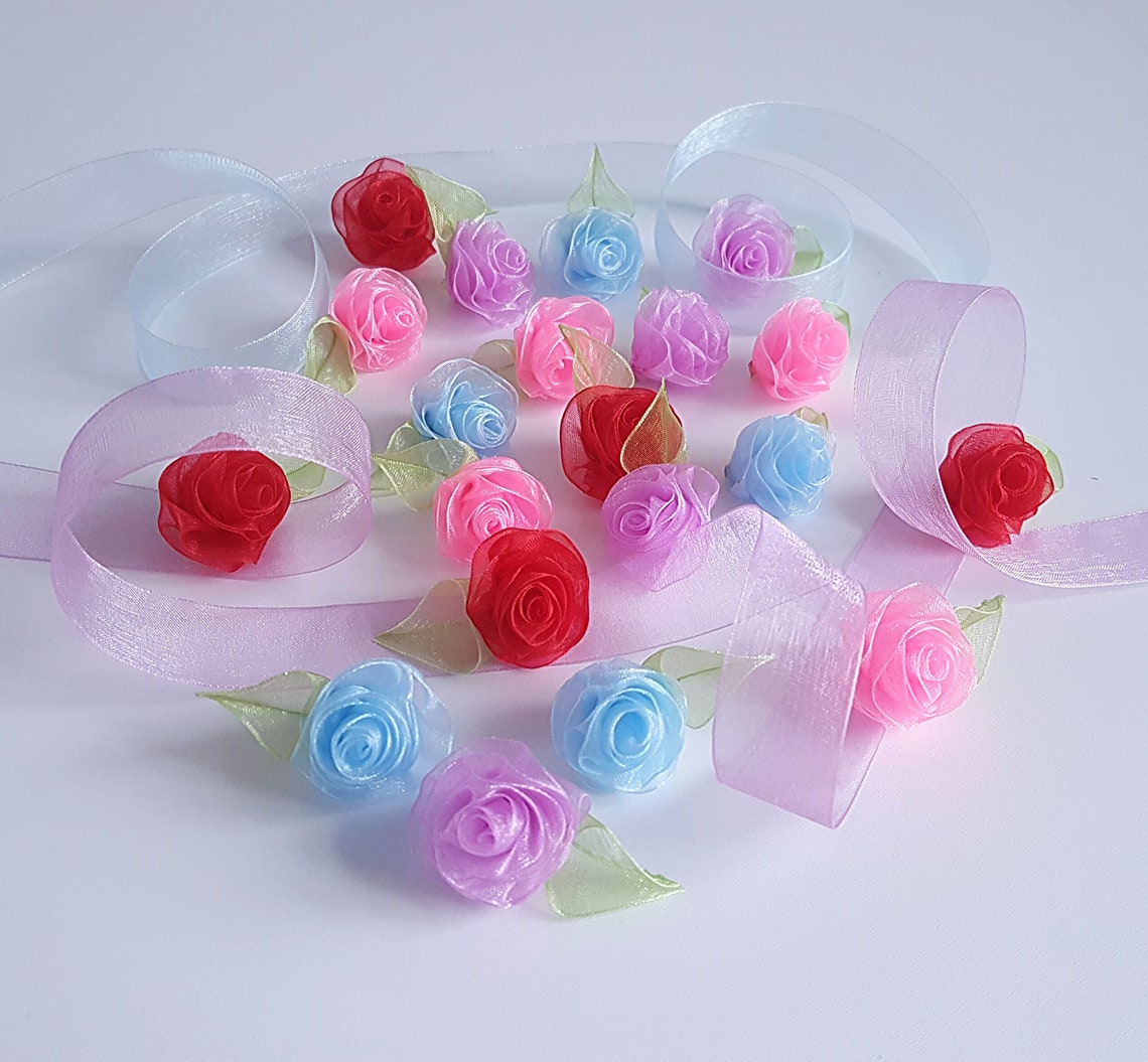 5 Pcs Organza Flowers Rose Ribbon Floral Appliques Blue - Etsy