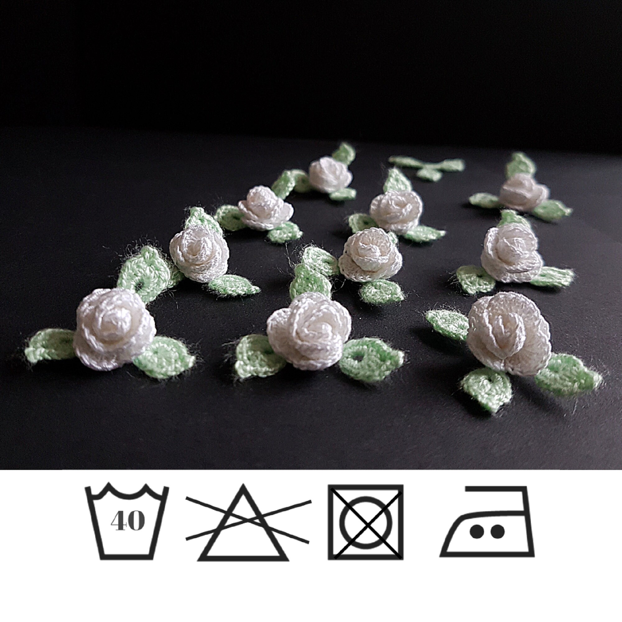 Mini Crochet Roses Flowers Applique With Leaves, White Roses Clothing ...