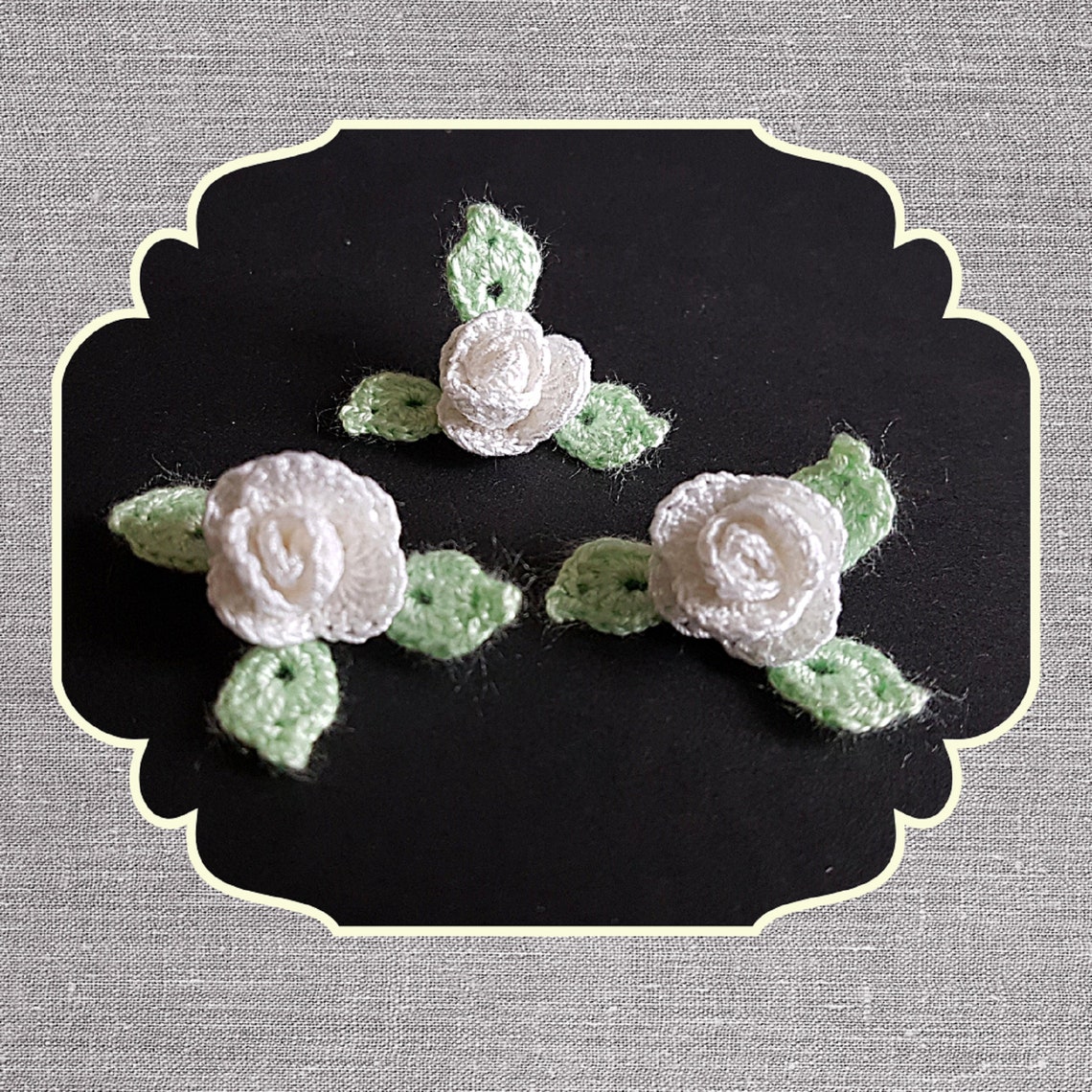 Mini Crochet Roses Flowers Applique With Leaves White Roses | Etsy