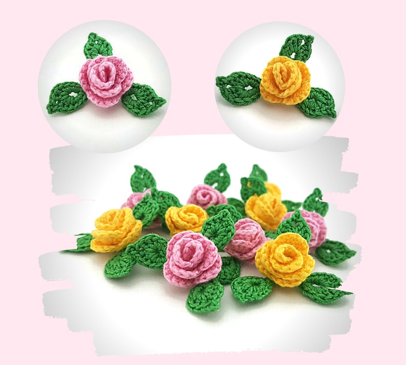 Mini Crochet Roses Appliques With Leaves Crocheted Flowers | Etsy