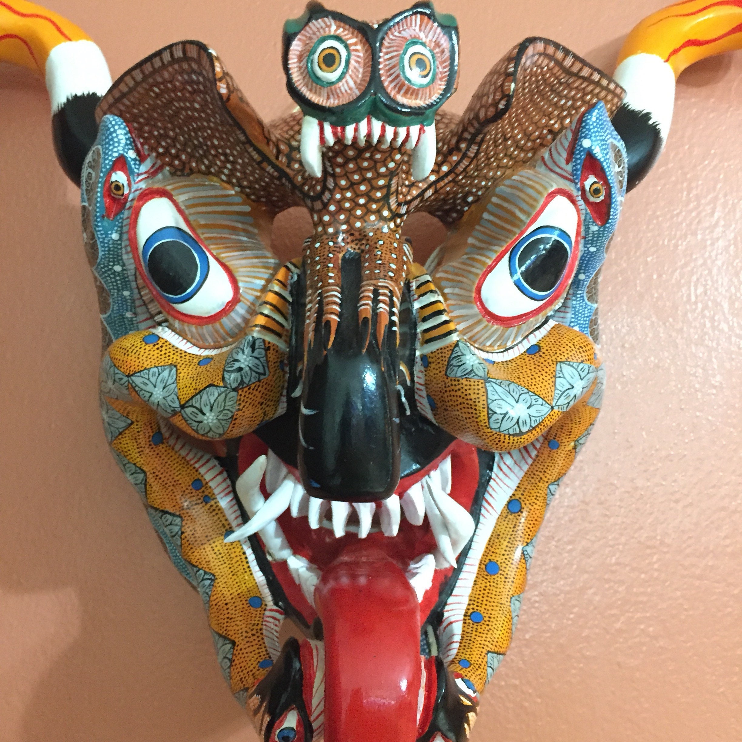 Large Mexican Decorative Indigenous Diablo Devil Hand Carved Wood Wall Mask