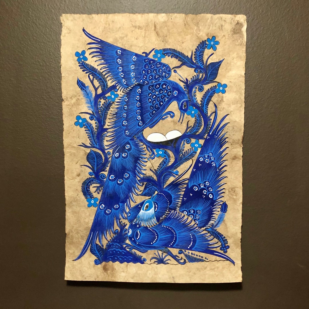 Handpainted Amate Paper Art With Blue Birds - Etsy