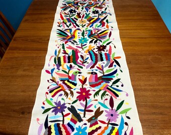 Hand Embroidered Otomi Table Runner: Blue Mexican Textile Art (75" X 17 ...
