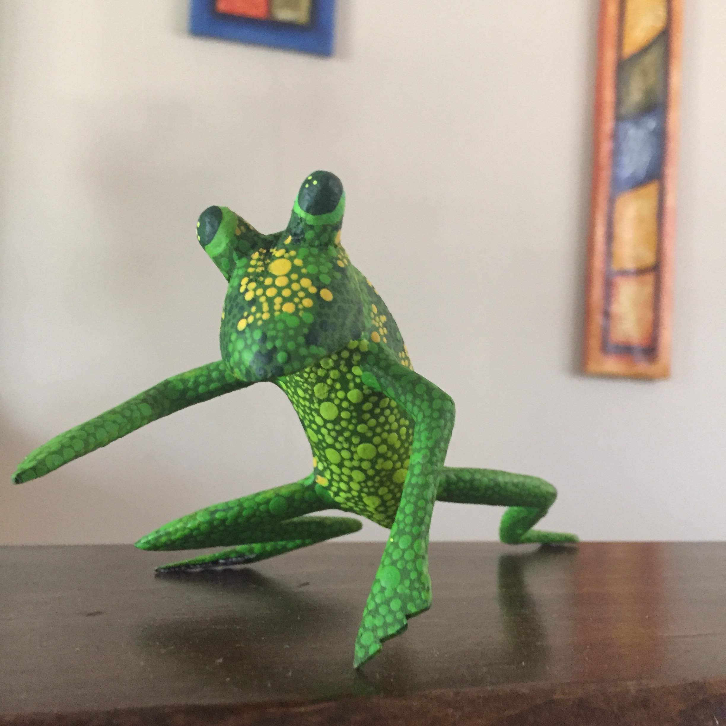 Hand Carved Wood Alebrije Green Frog by Zeny and Reyna Fuentes