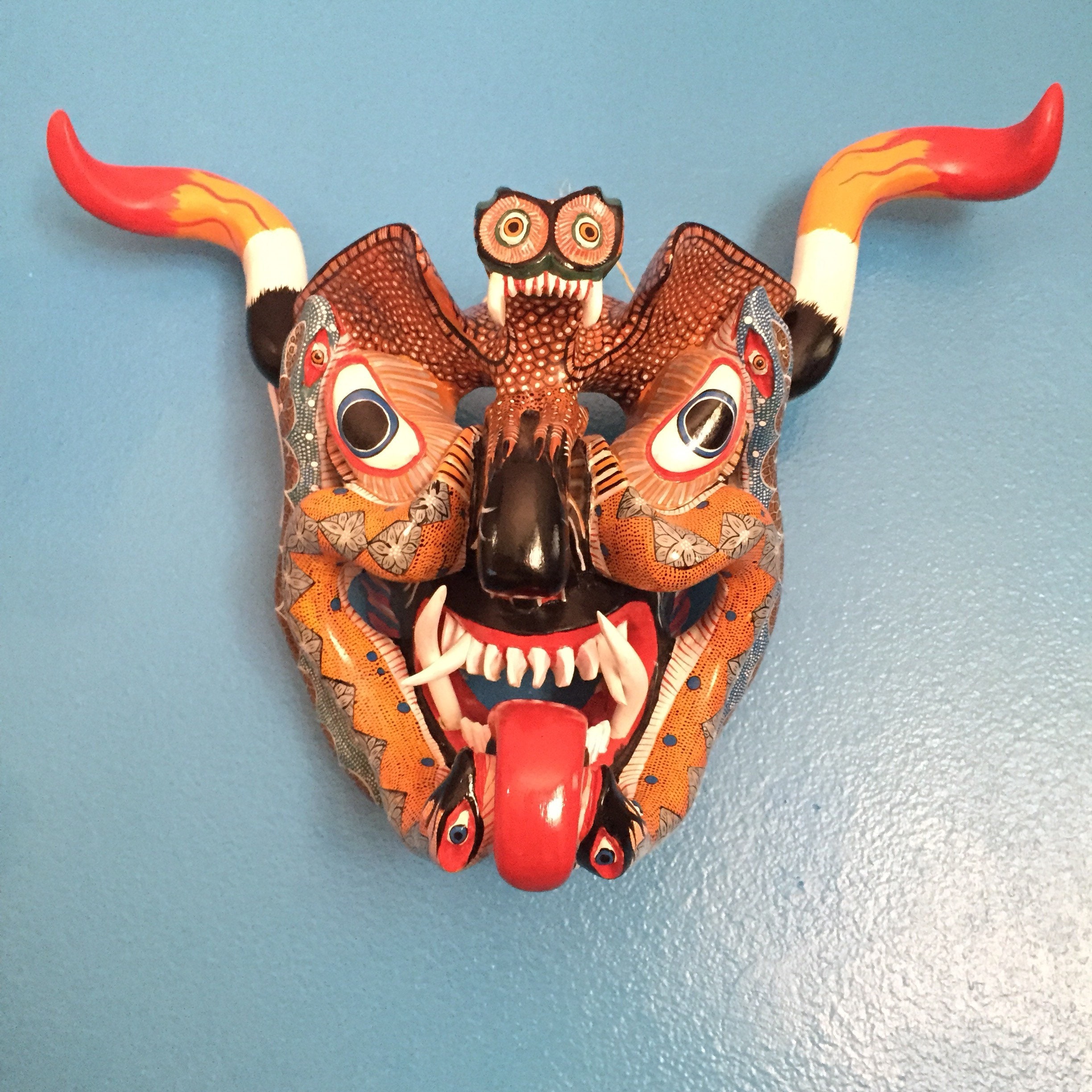 Large Mexican Decorative Indigenous Diablo Devil Hand Carved Wood Wall Mask