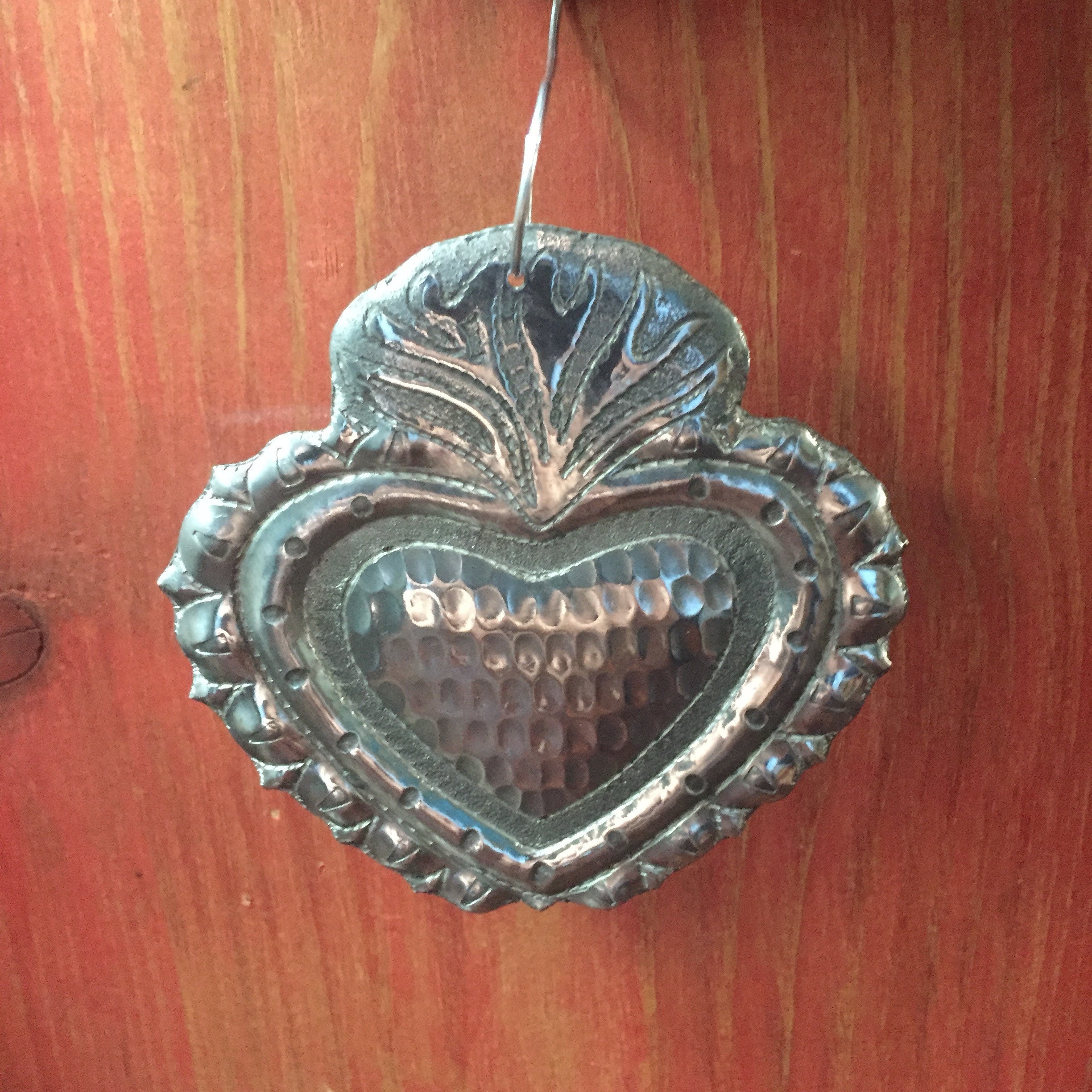 Handcrafted Pure Hammered Aluminum Milagro Heart Christmas Tree Ornament