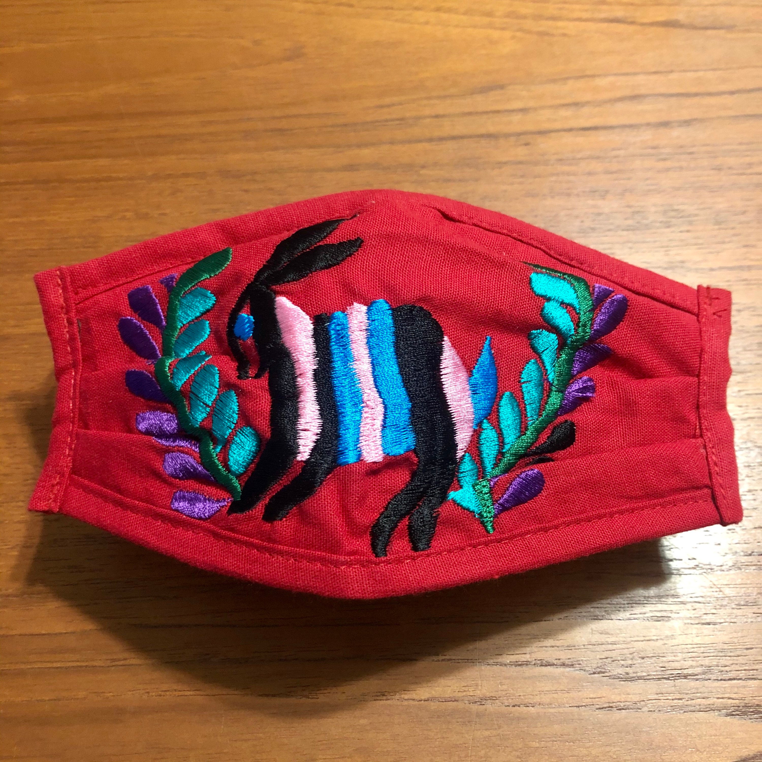 Handmade Muslin Cotton Face Mask with Otomi Embroidery Designs - Red