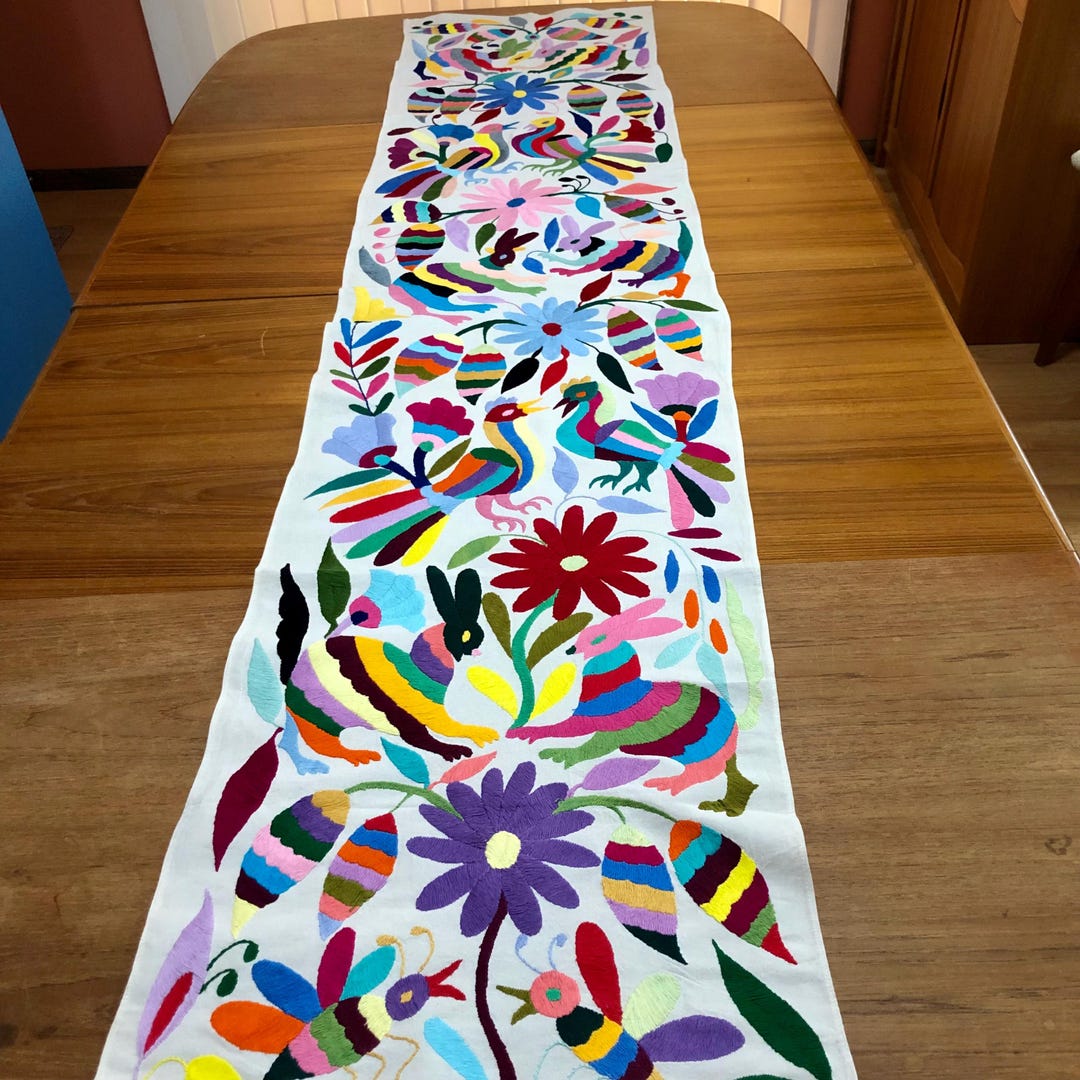 Hand Embroidered Otomi Table Runner: Mexican Folk Art Bed Scarf (74” X ...