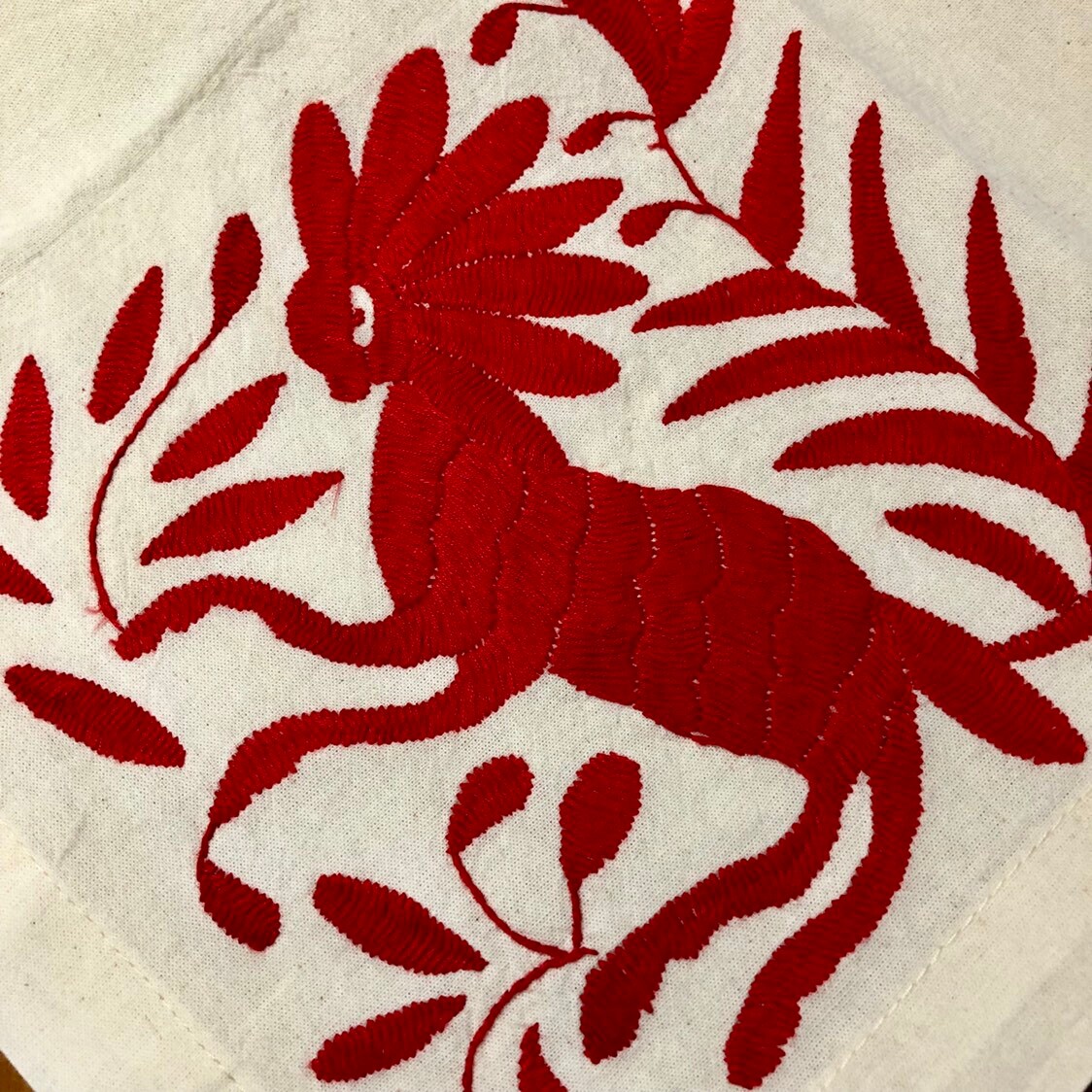 Otomi hand embroidered 19 x 19 muslin napkin with red spirit animal