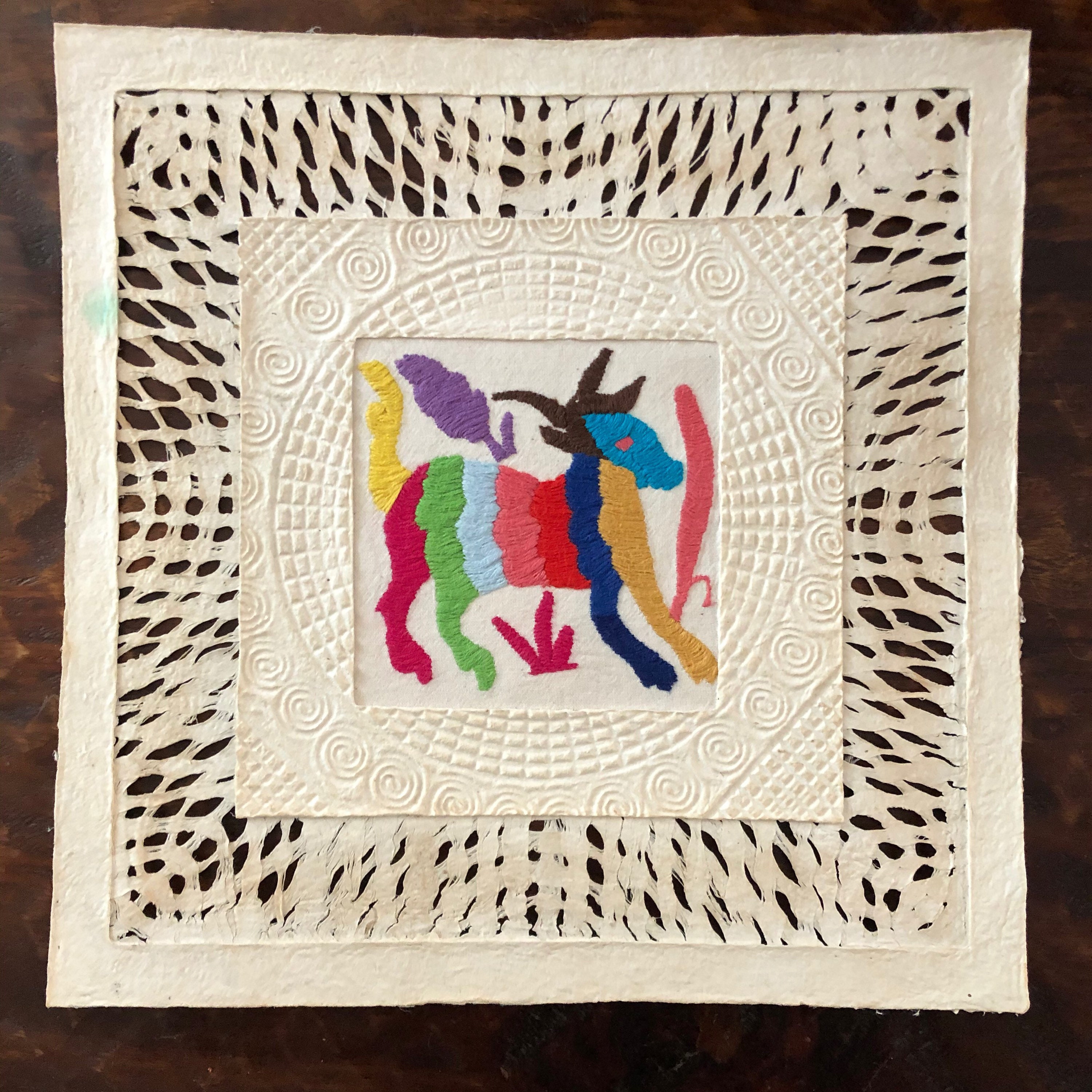 Amate Bark Paper Wall Art with Otomí Embroidered Designs - 12” x 12”