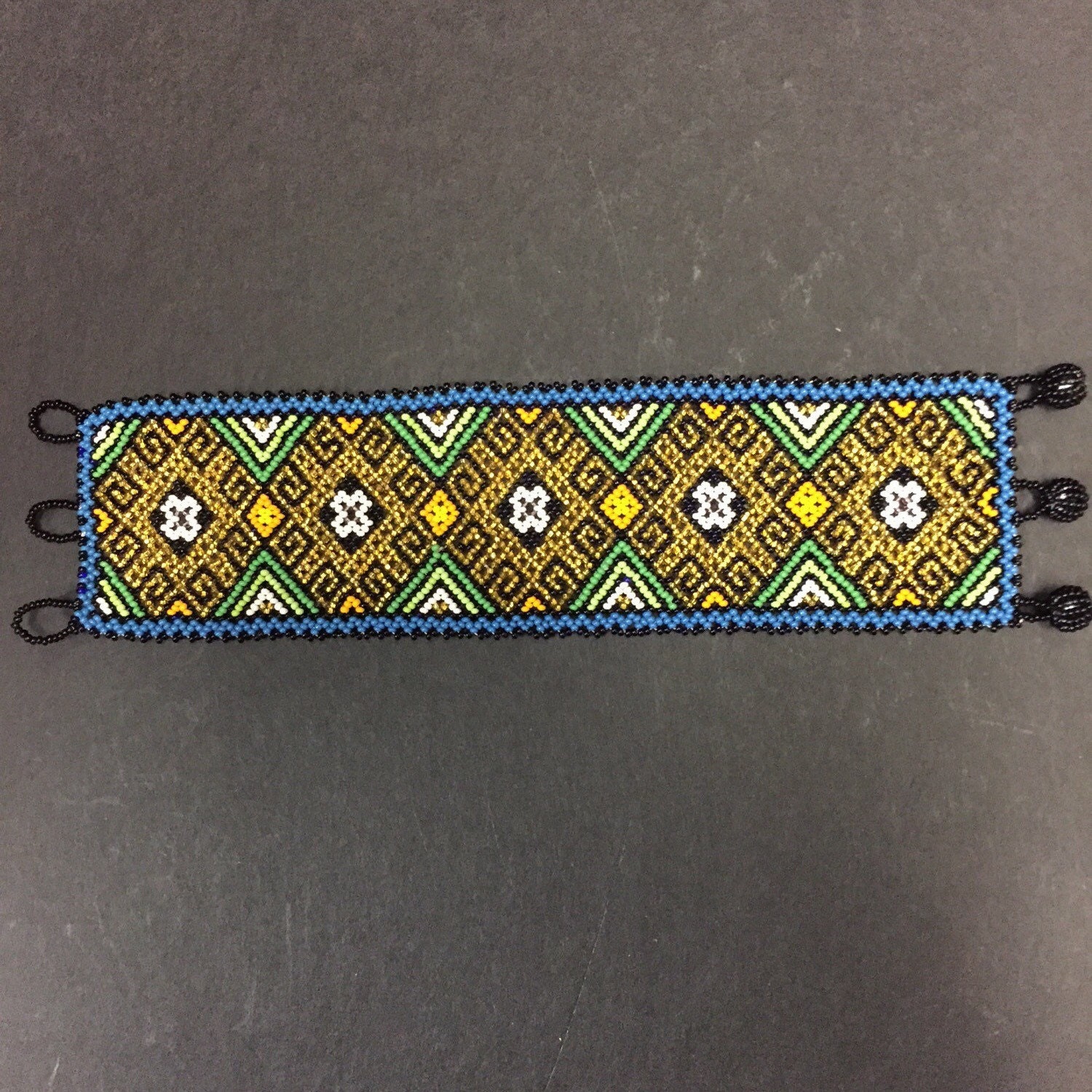 Huichol Beaded Bracelet w/ intricate design (6 3/4 long x 1 3/4 wide)
