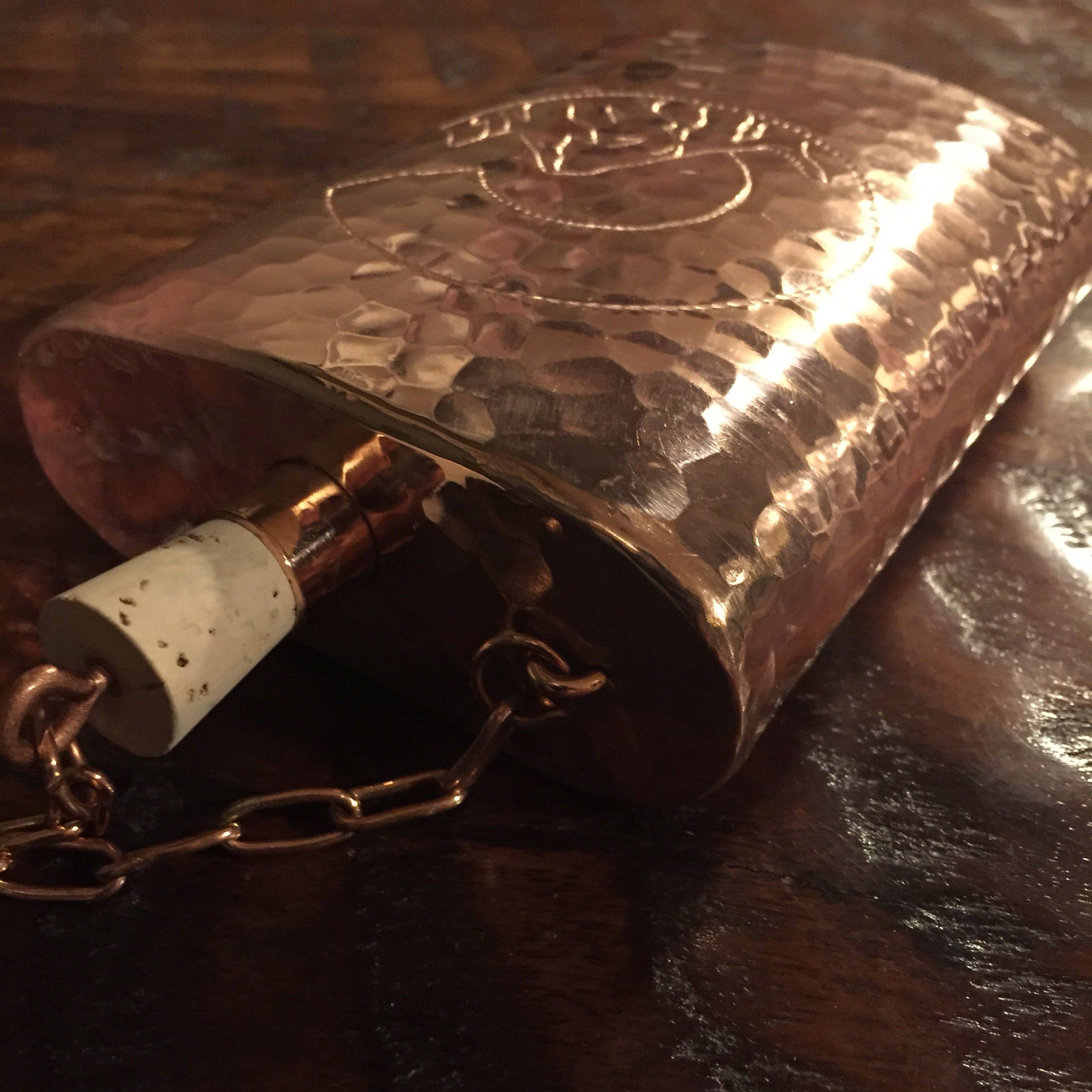 Handcrafted pure hammered copper 12 oz flask w/ Colorado mountain engraving