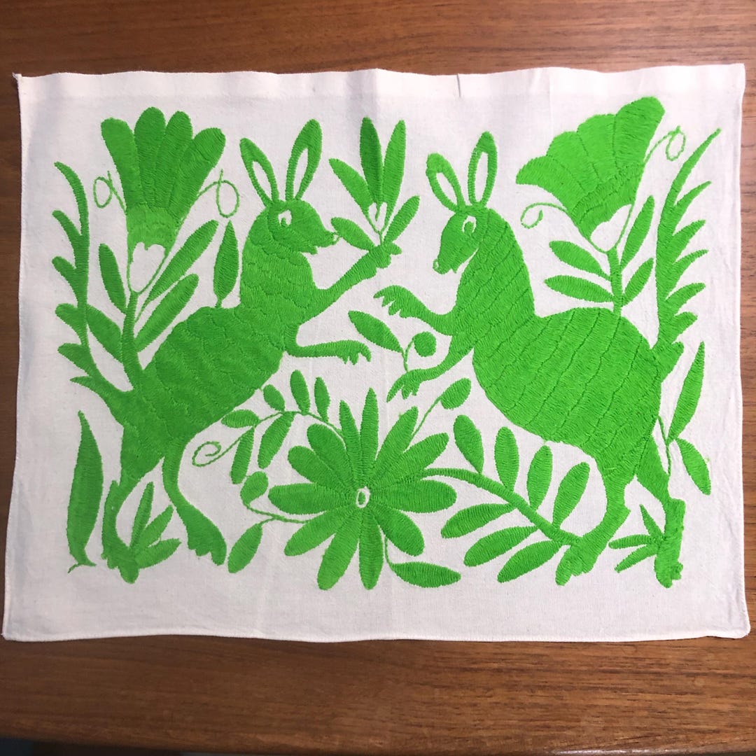 Hand Embroidered Otomi Placemat: Mexican Folk Art (17" X 13") - Lime ...