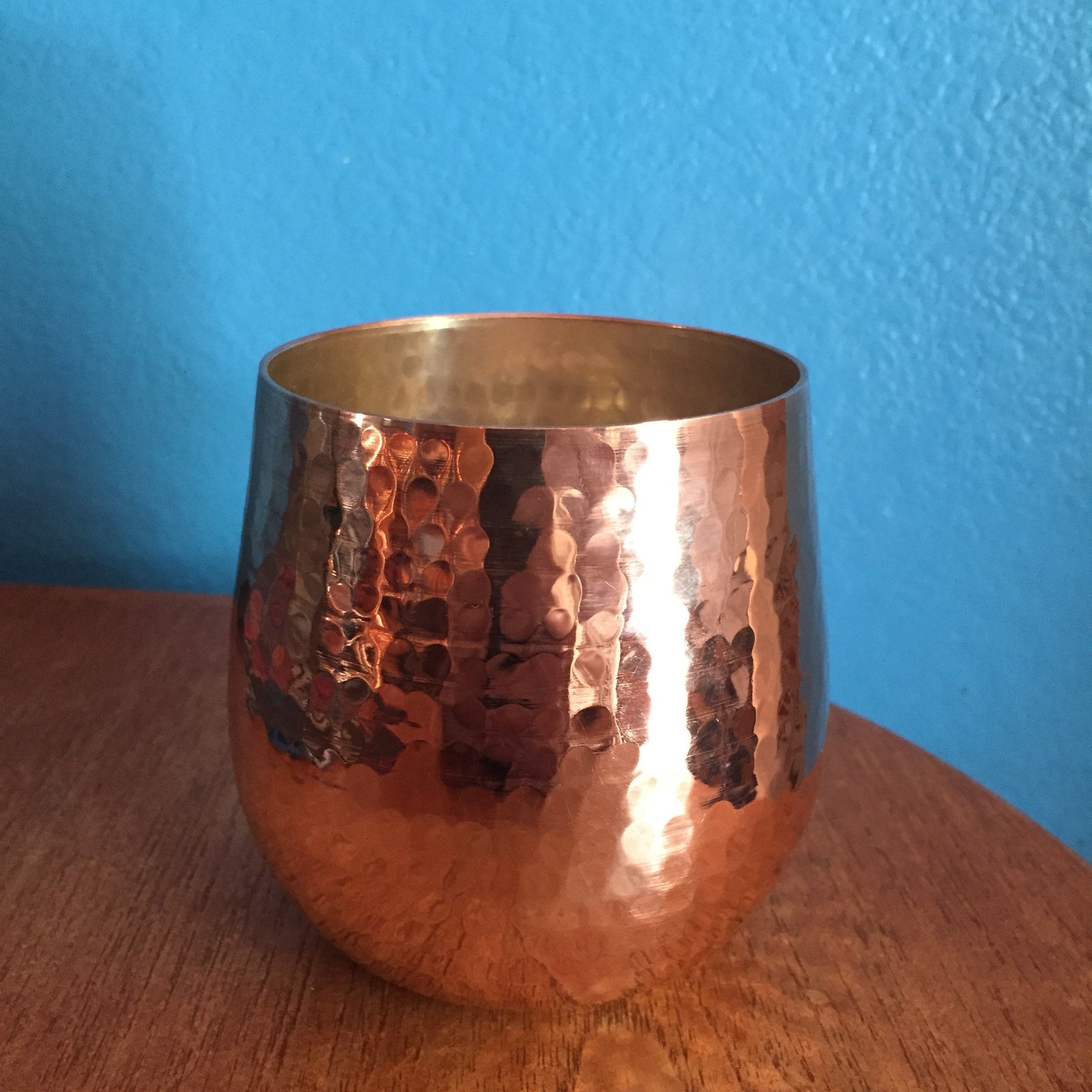 Hammered copper stemless wine glass