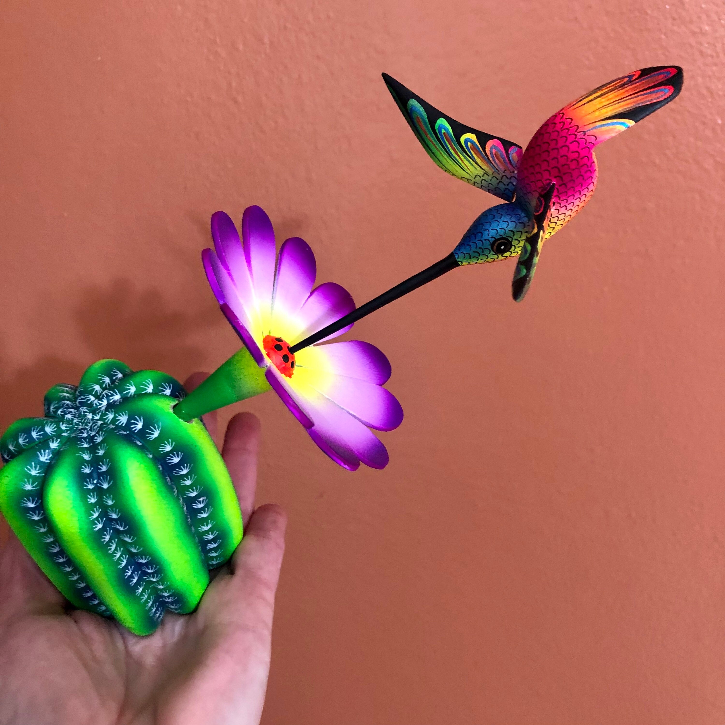 Alebrije Hummingbird and Cactus Flower Handcrafted Wood Carving by ...