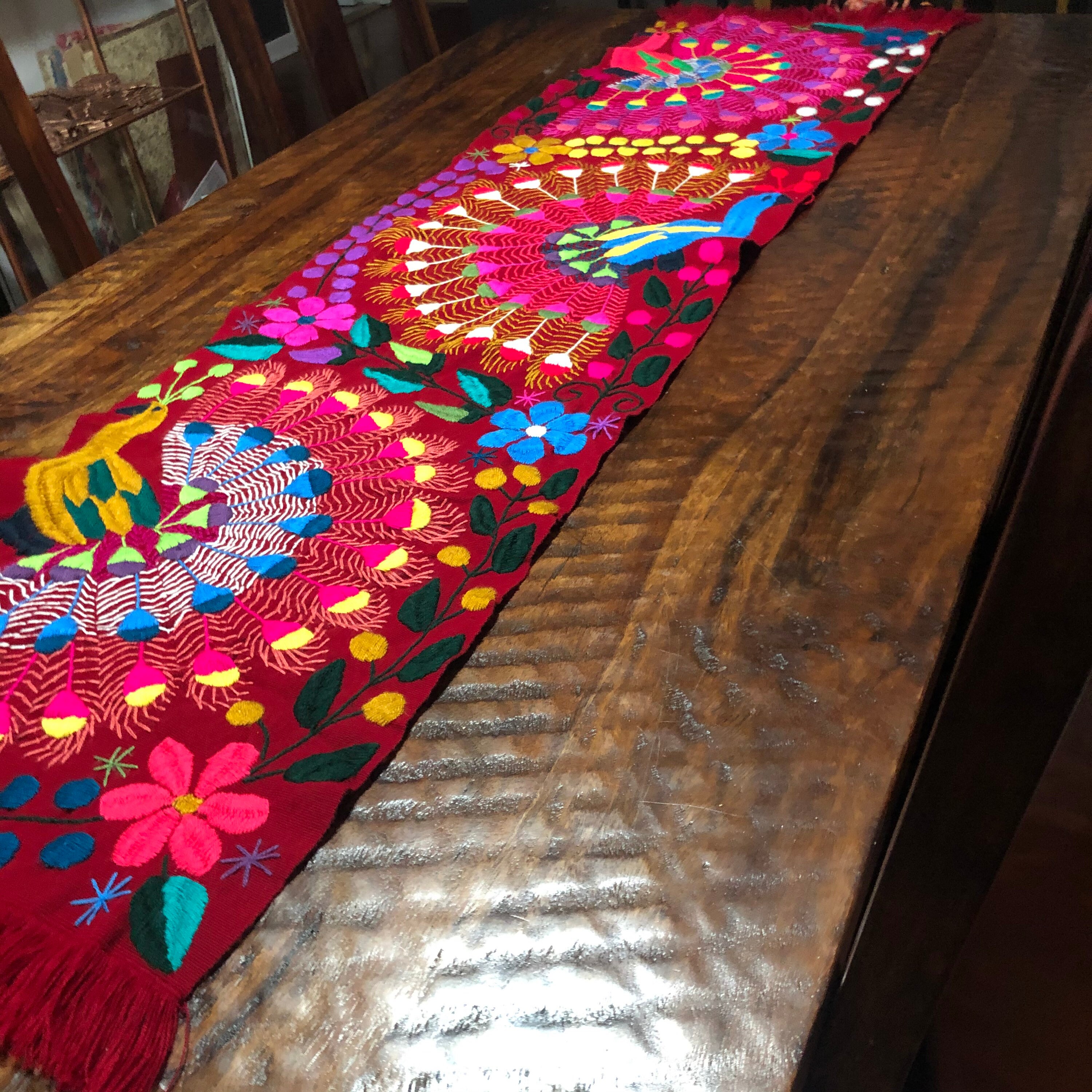 Peacock Hand Embroidered Table Runner - Dark Red with Peacocks and Flowers