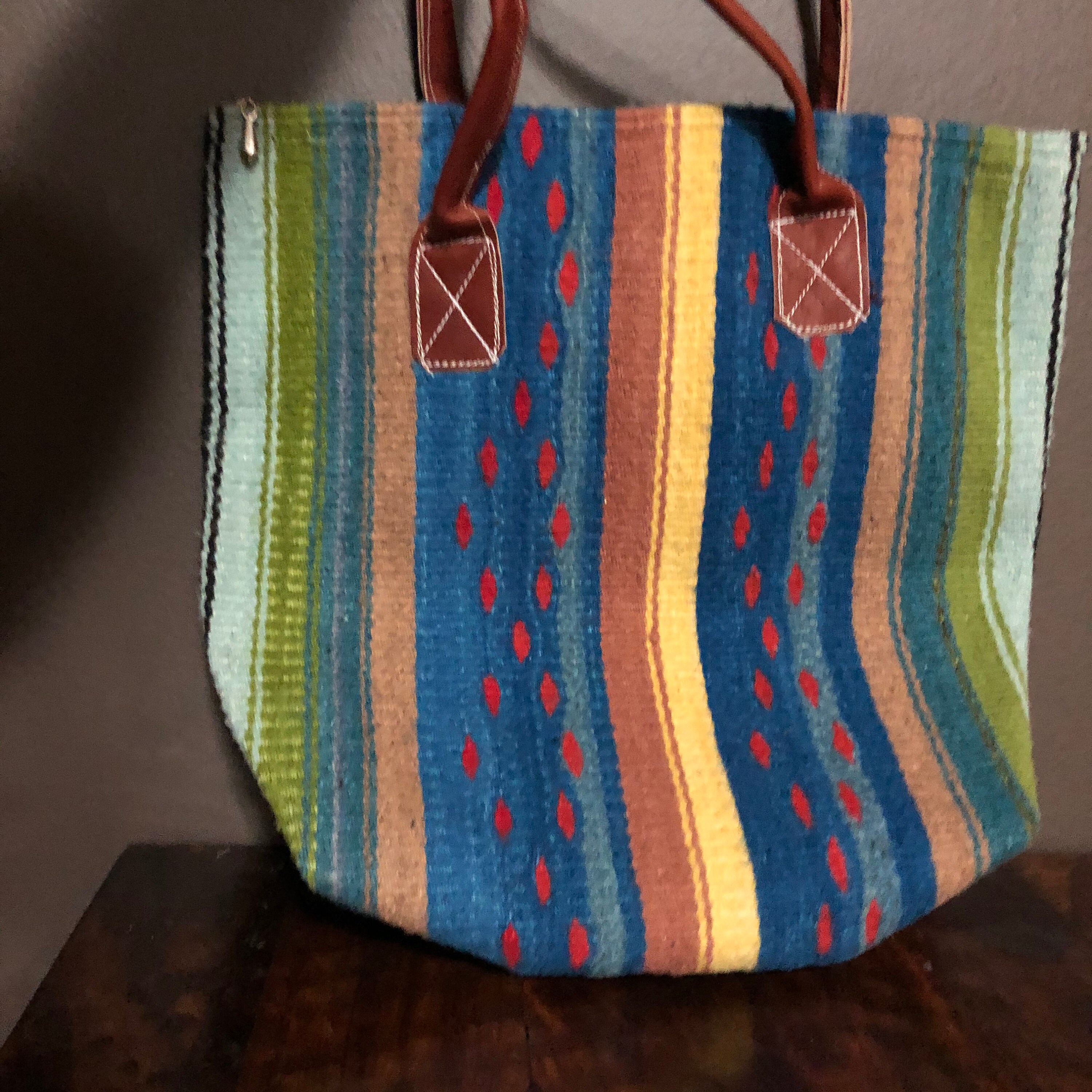 Zapotec hand woven merino wool purse 15 x 13 (w x h) with 12 leather straps