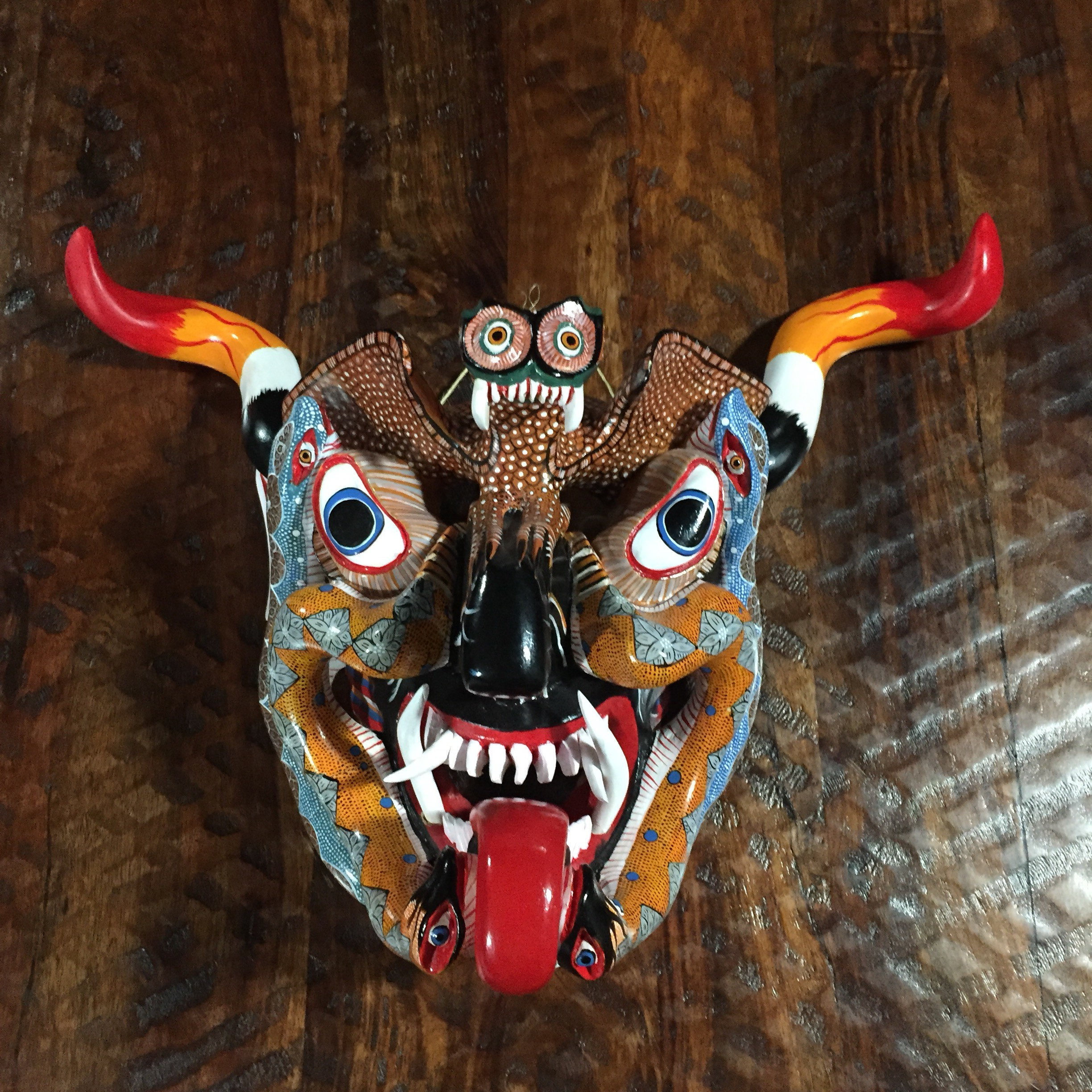 Large Mexican Decorative Indigenous Diablo Devil Hand Carved Wood Wall Mask