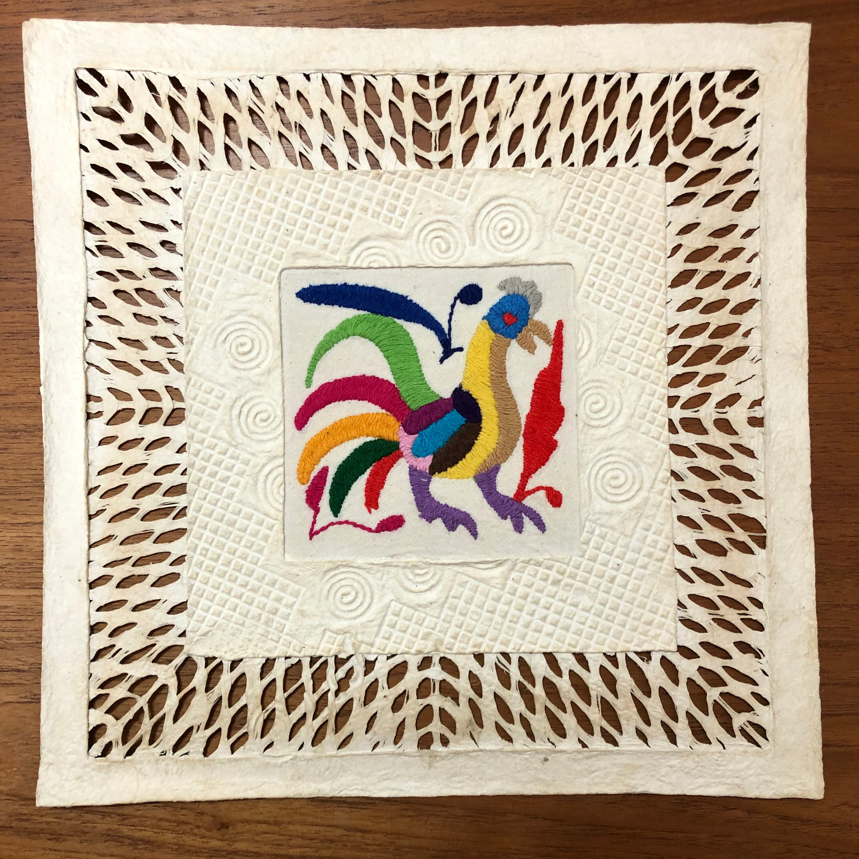 Amate Bark Paper Wall Art with Otomí Embroidered Designs - 12” x 12”