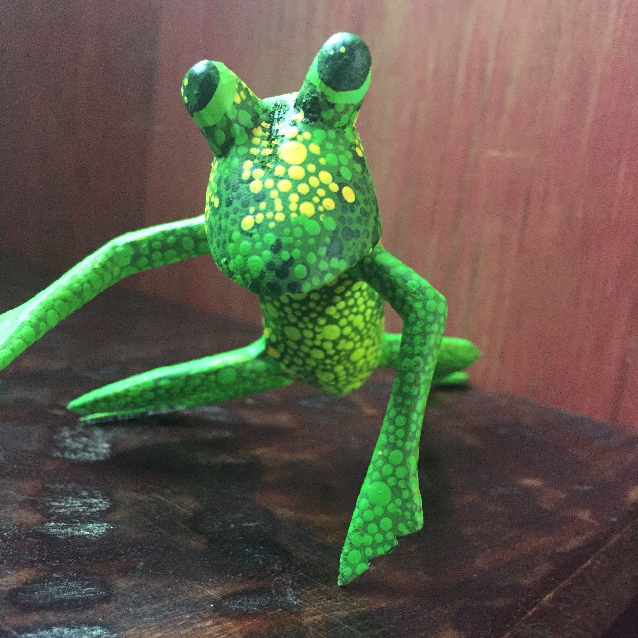 Hand Carved Wood Alebrije Green Frog by Zeny and Reyna Fuentes