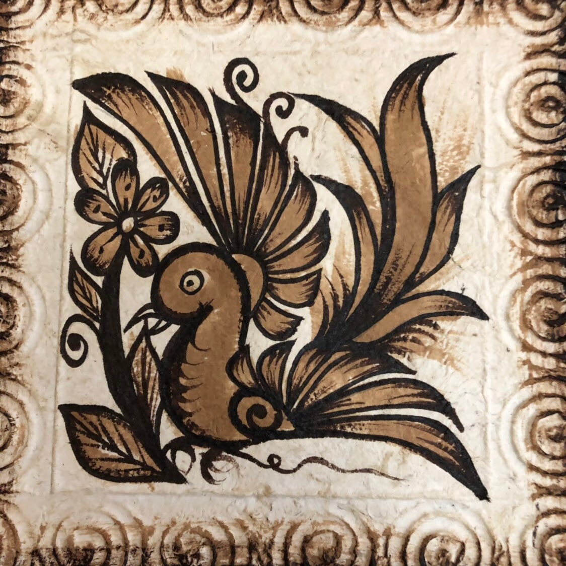 Handmade Amate Paper Wall Art with Flower and Bird Design from Mexico