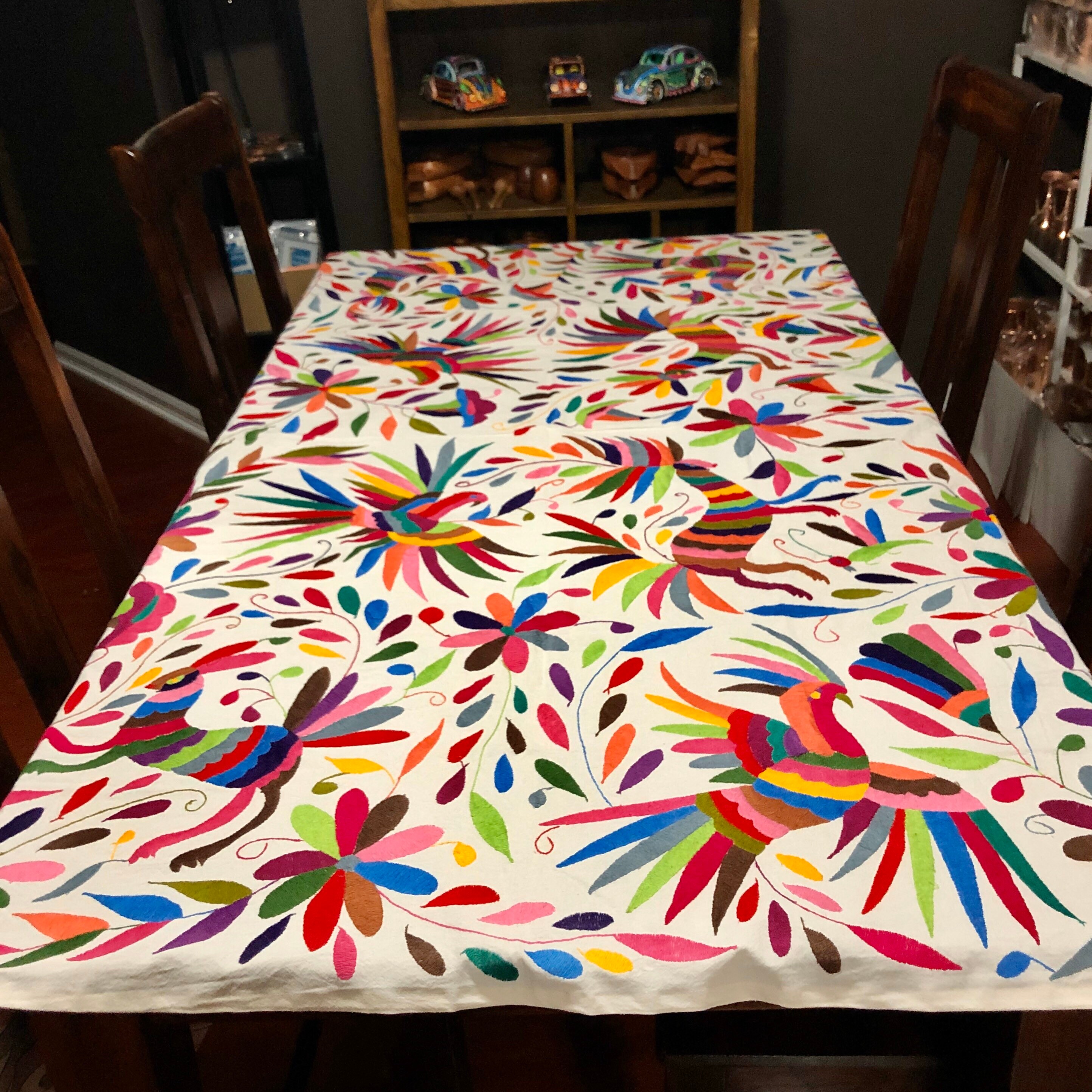 Large Otomí hand embroidered tablecloth / bedspread with multicolor ...