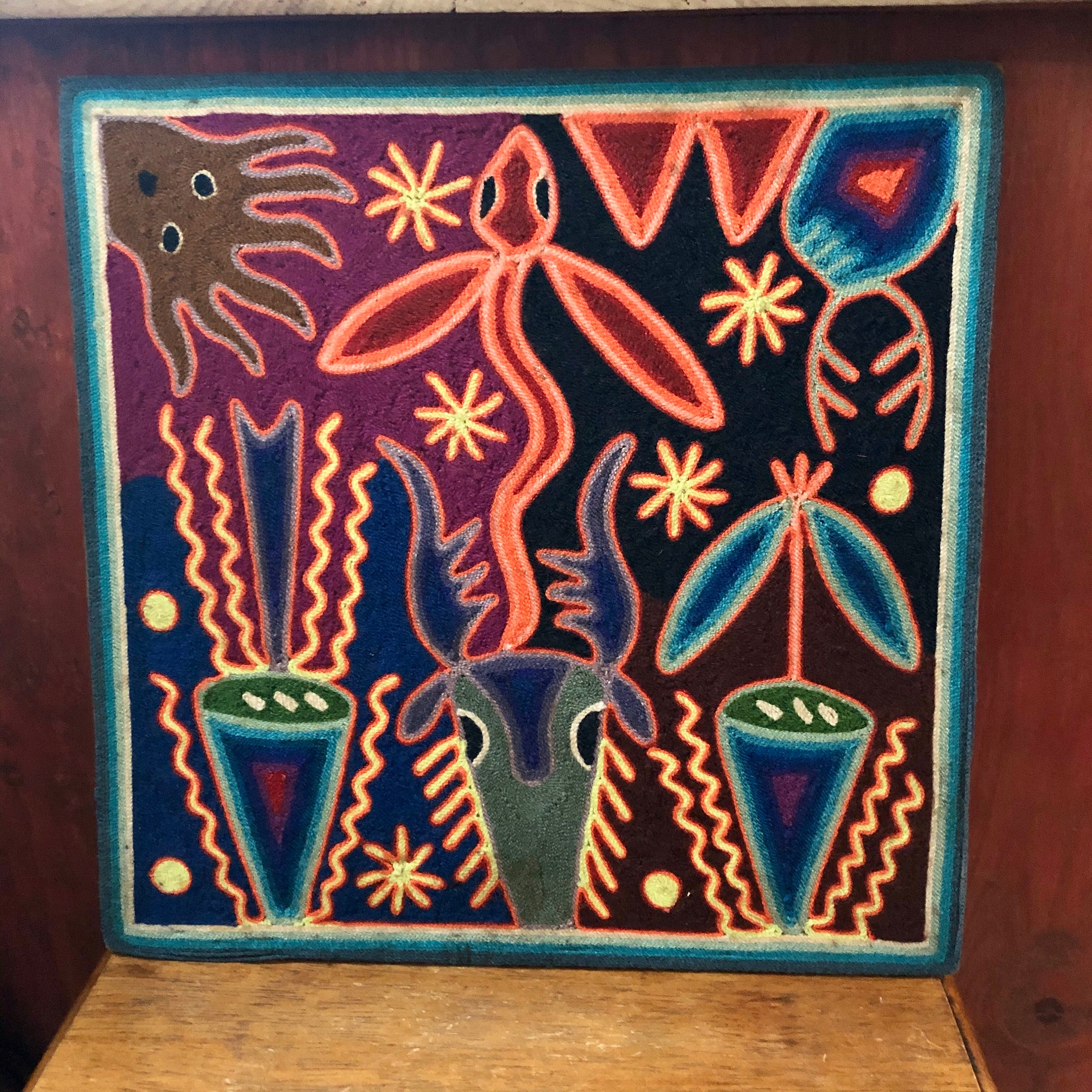 Huichol Yarn Art - Sacred Symbols 12”x12” from Nayarit, Mexico