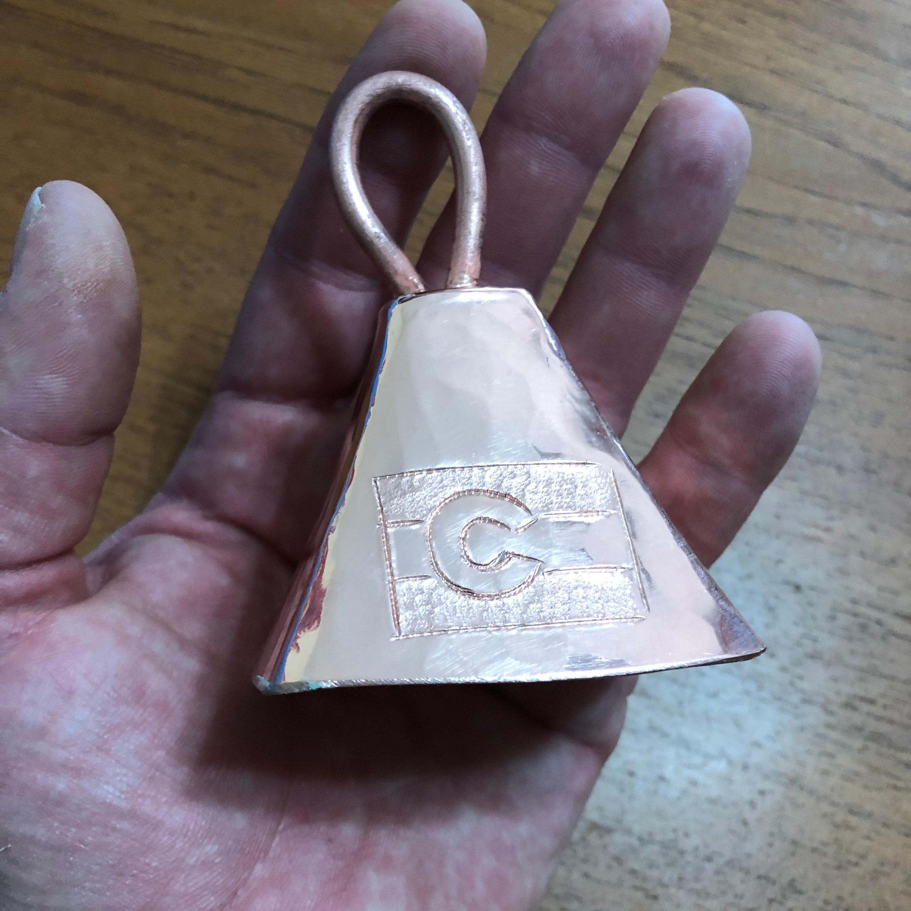 Pure Hammered Copper Cowbell with Colorado Flag engraving (3 1/2)