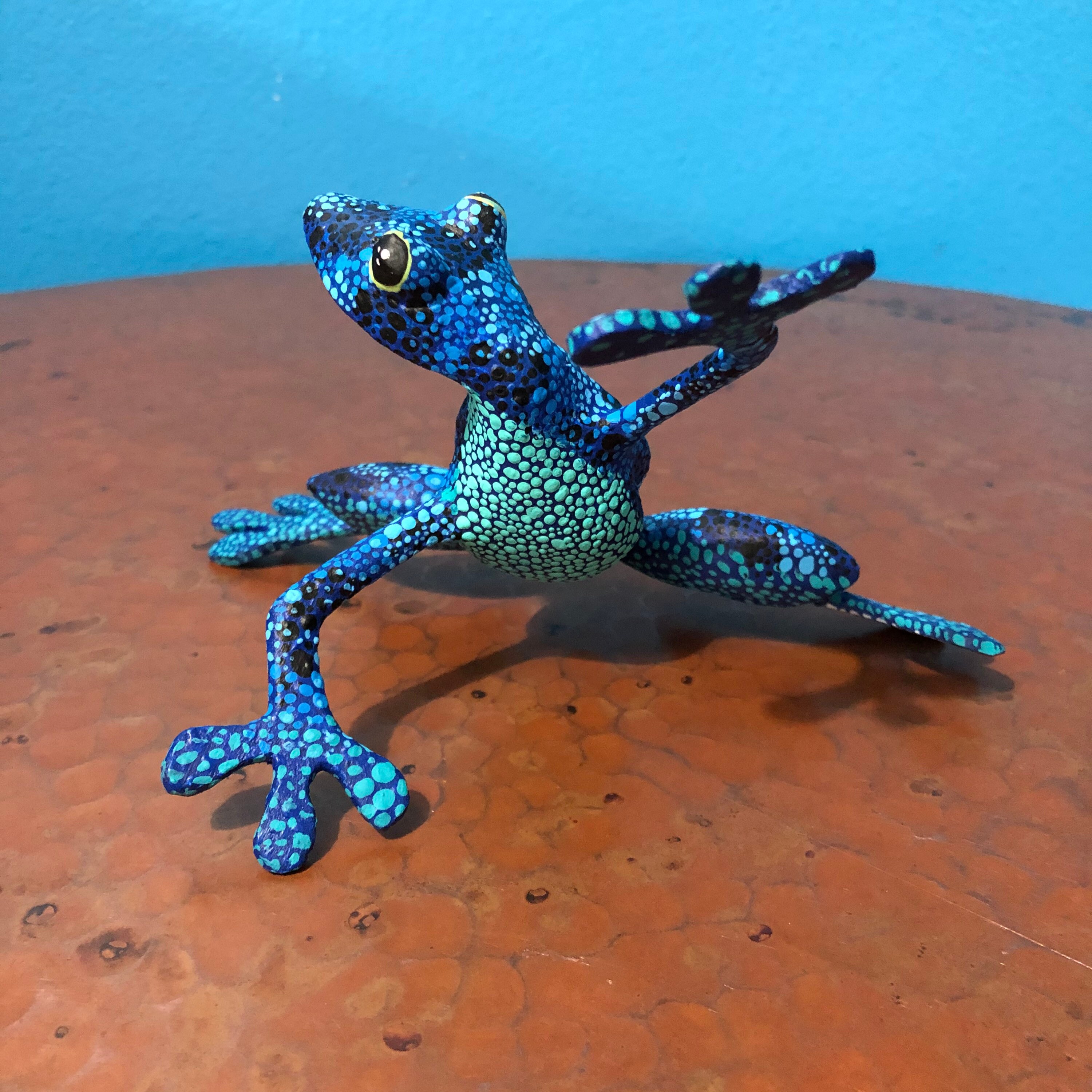 Hand-carved Wood Alebrije Blue Frog from Oaxaca, Mexico