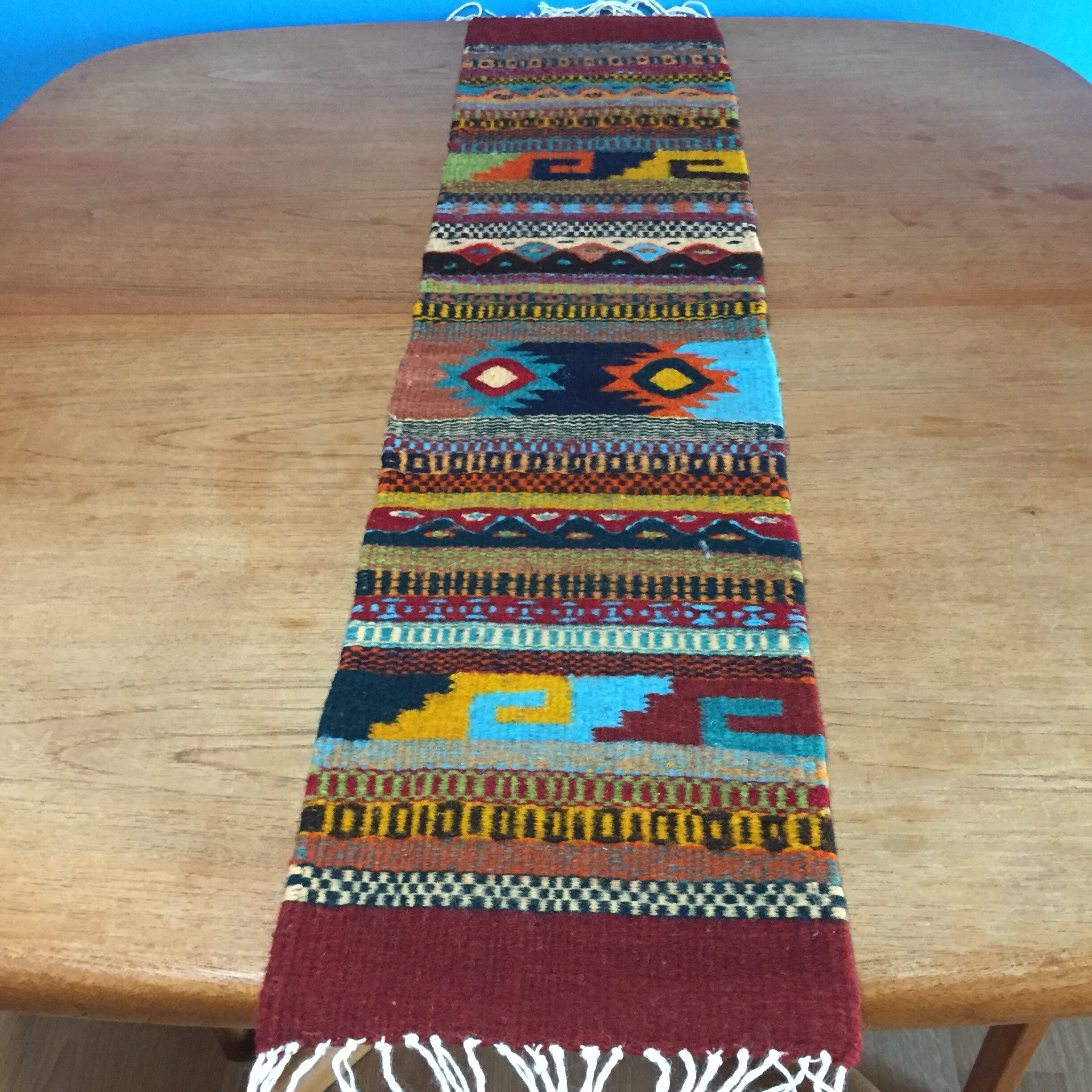 Zapotec hand woven merino wool table runner 40 x 9 1/2