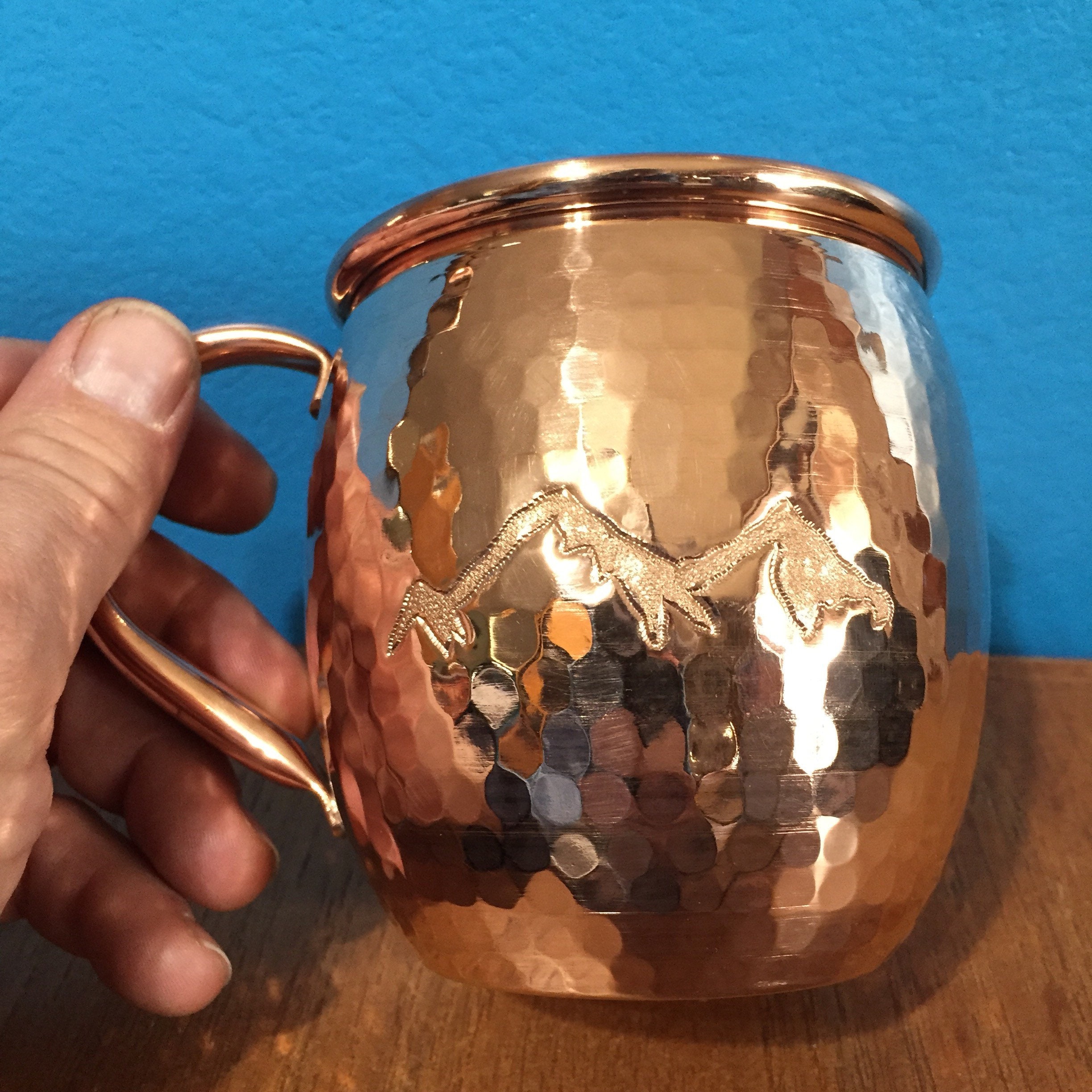 16oz Moscow Mule Hammered Copper Barrel Mug with mountains engraving