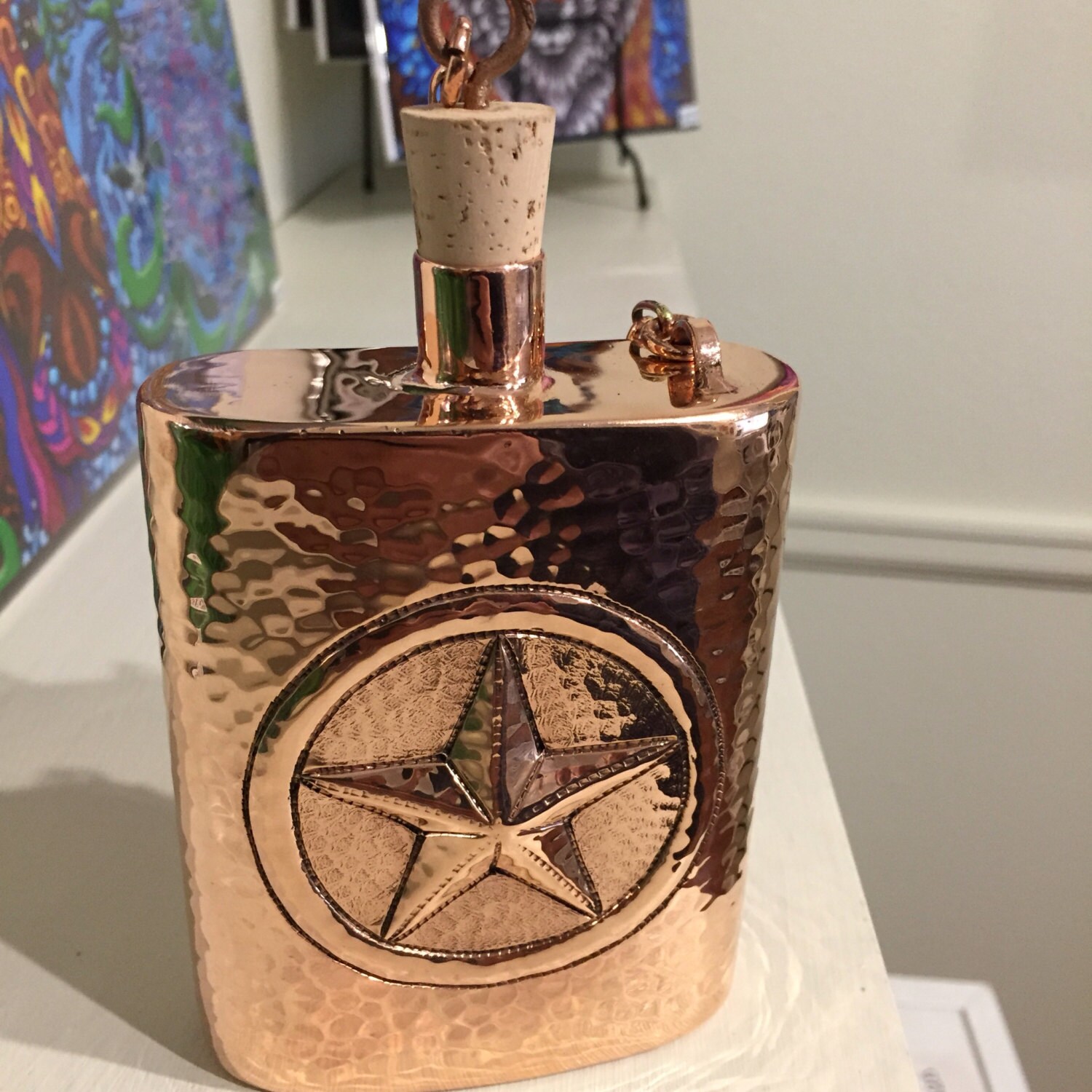 Handcrafted pure hammered copper flask w/ Texas Star engraving