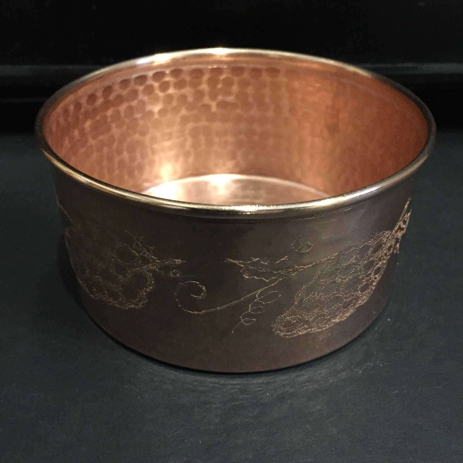 Hammered Copper wine bottle coaster with grapevine design (4 diameter)
